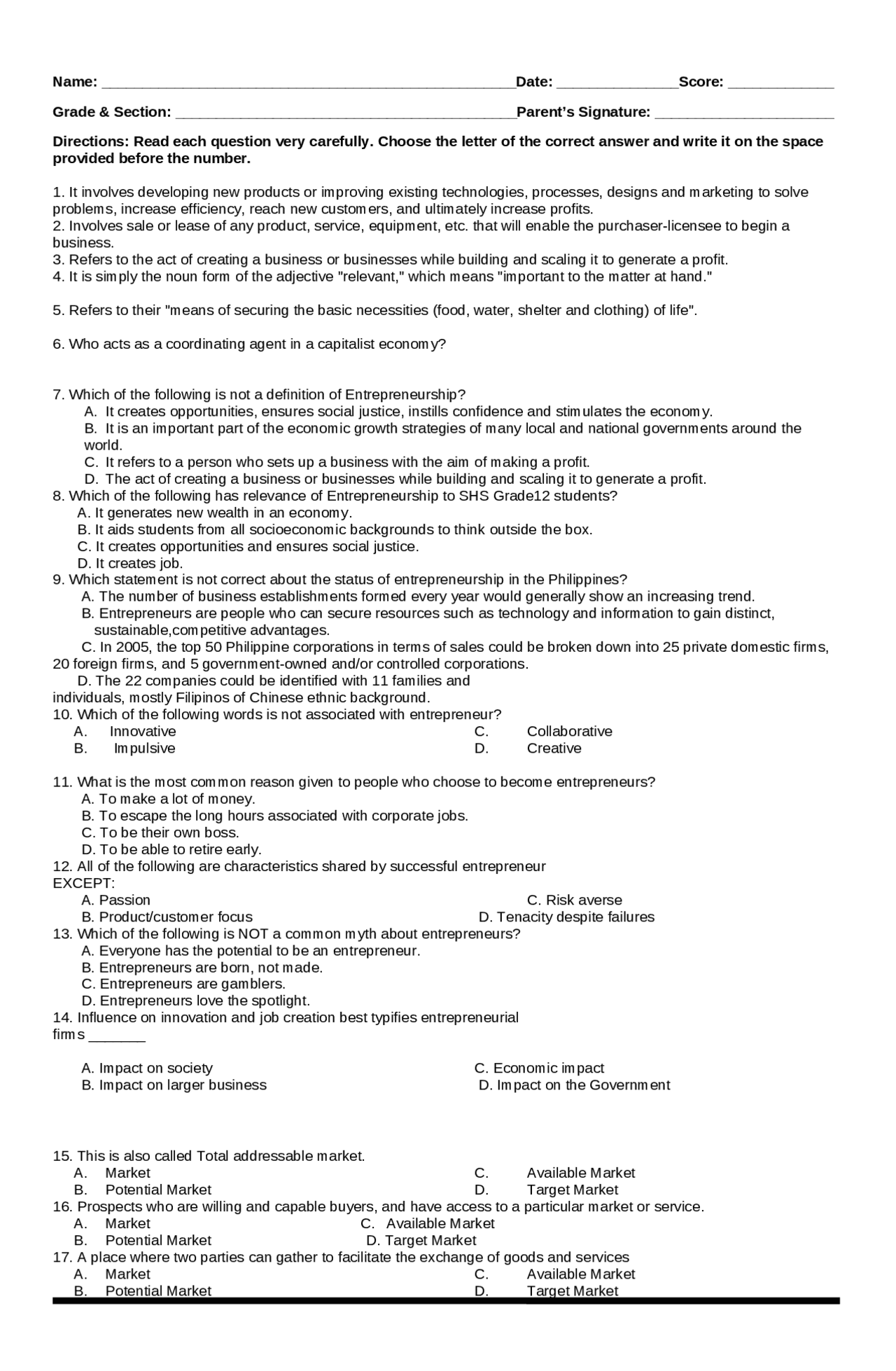 Entrepreneurship Exam | Cheat Sheet Mathematics | Docsity