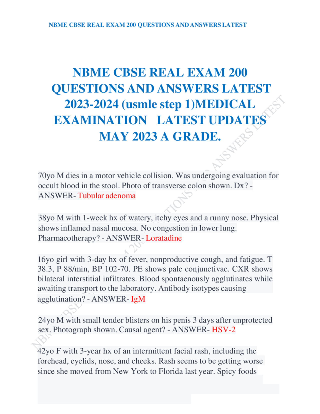 NBME CBSE REAL EXAM 200 QUESTIONS AND ANSWERS LATEST 2024 | Exams ...