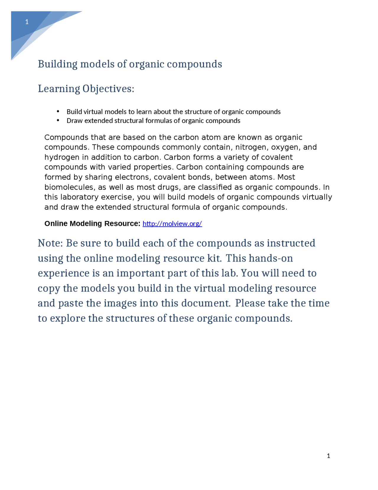 Lab Exercise: Building Organic Compounds and Identifying Functional ...