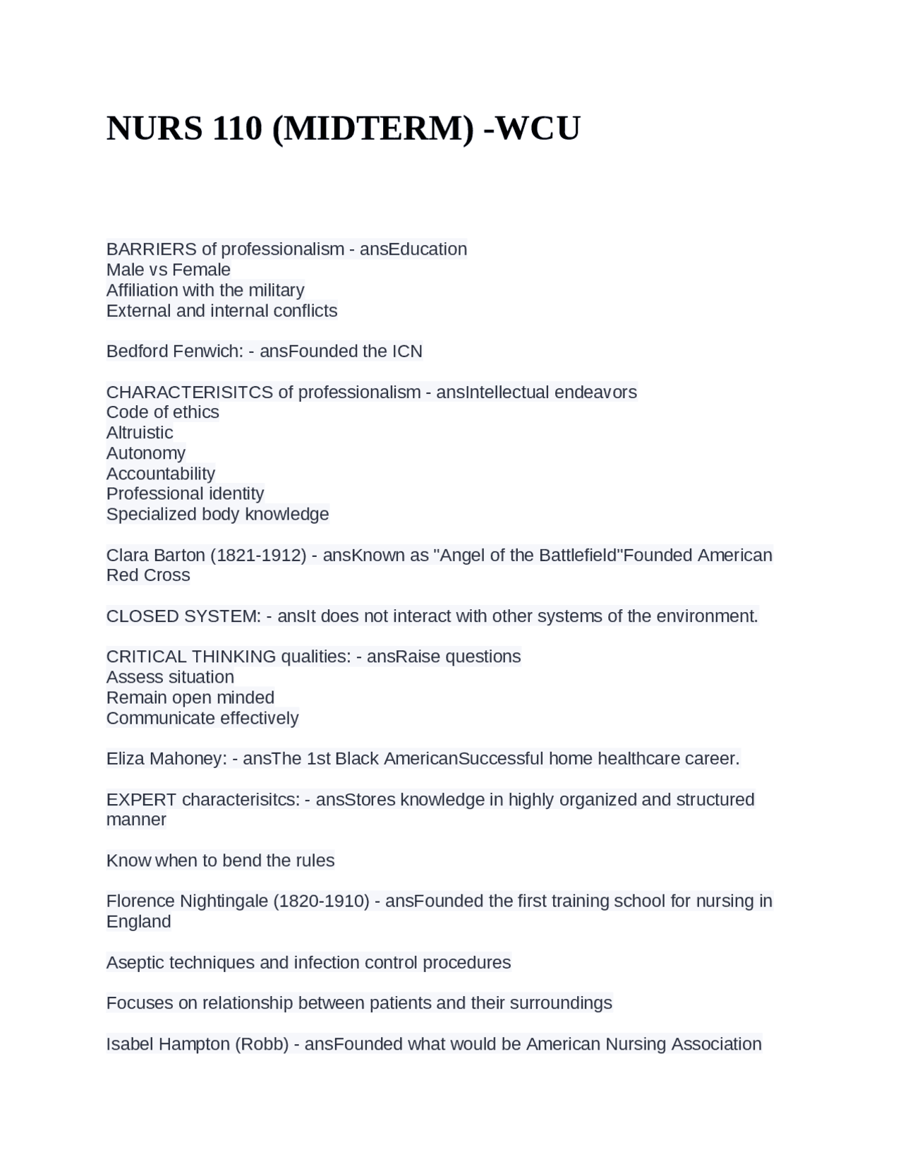 NURS 110 (MIDTERM) -WCU | Exams Nursing | Docsity