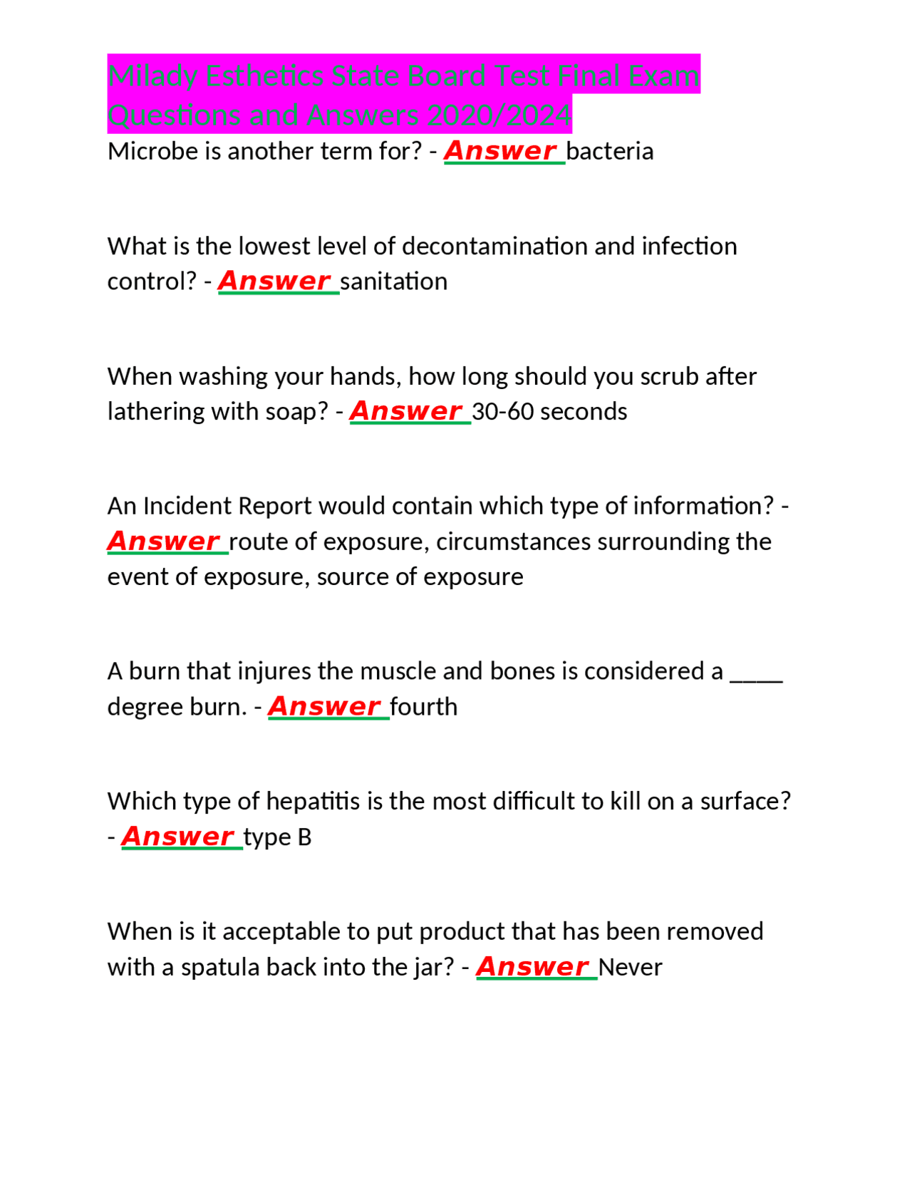 Milady Esthetics State Board Test Final Exam Questions and Answers 2020 ...