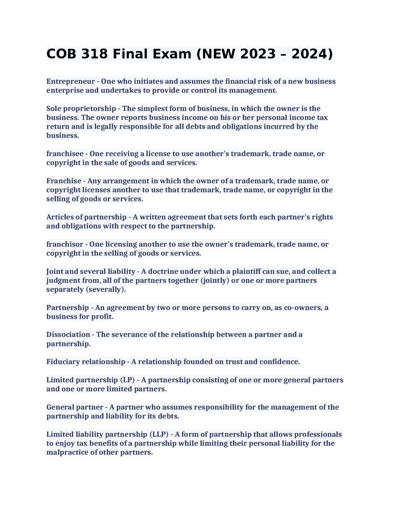 COB 318 Final Exam (NEW 2023 – 2024) | Exams Computer Science | Docsity