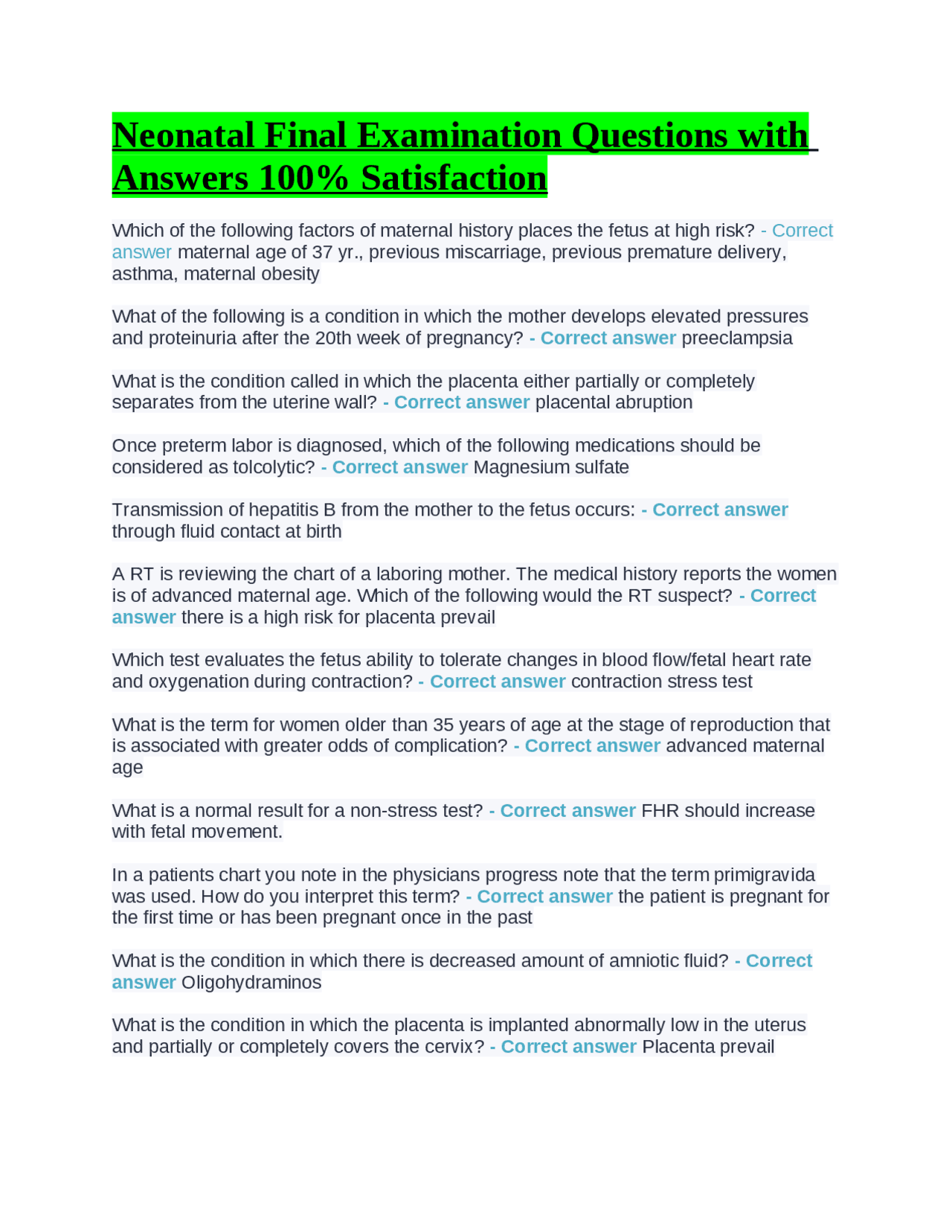 Neonatal Final Examination Questions with Answers 100% Satisfaction ...