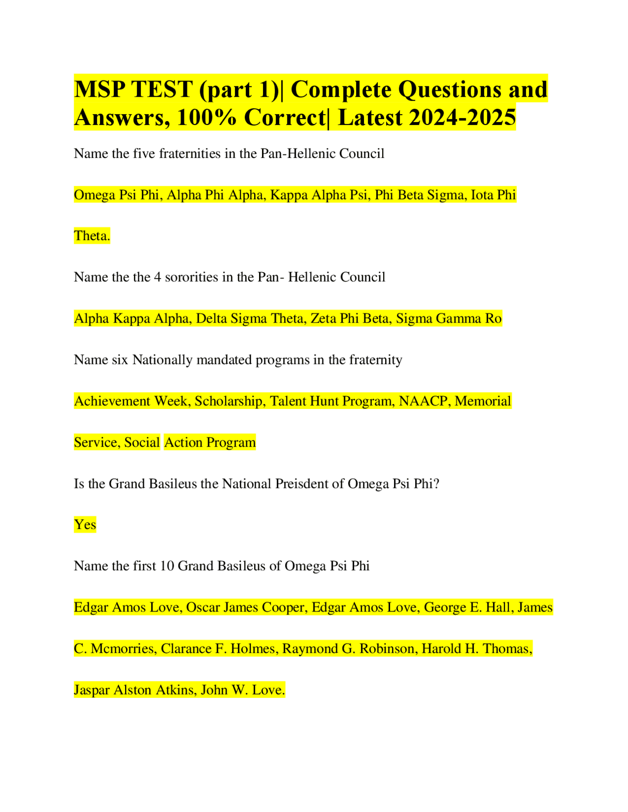 MSP TEST (part 1)| Complete Questions and Answers, 100% Correct| Latest ...