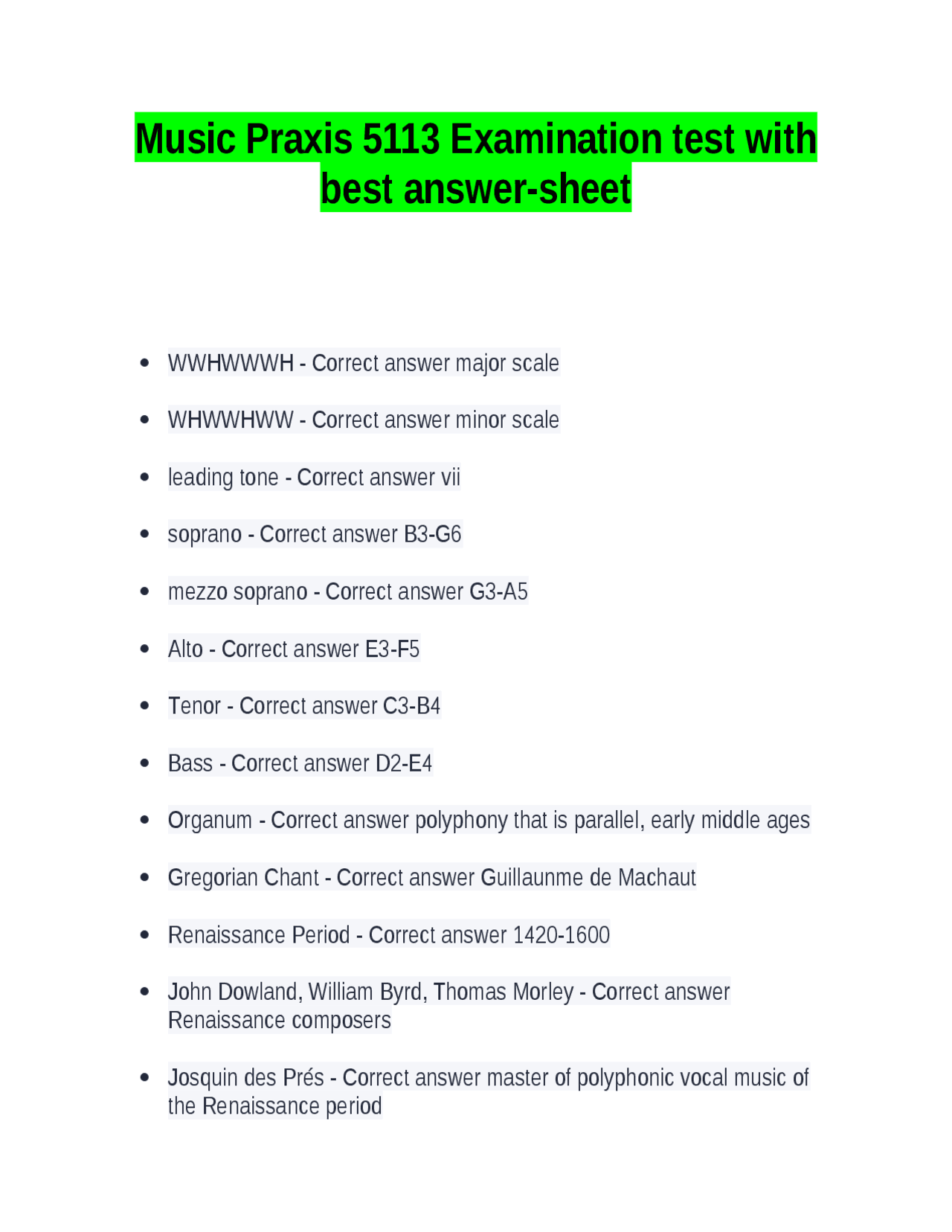 Music Theory Examination: Answers and Key Concepts | Exams Music | Docsity