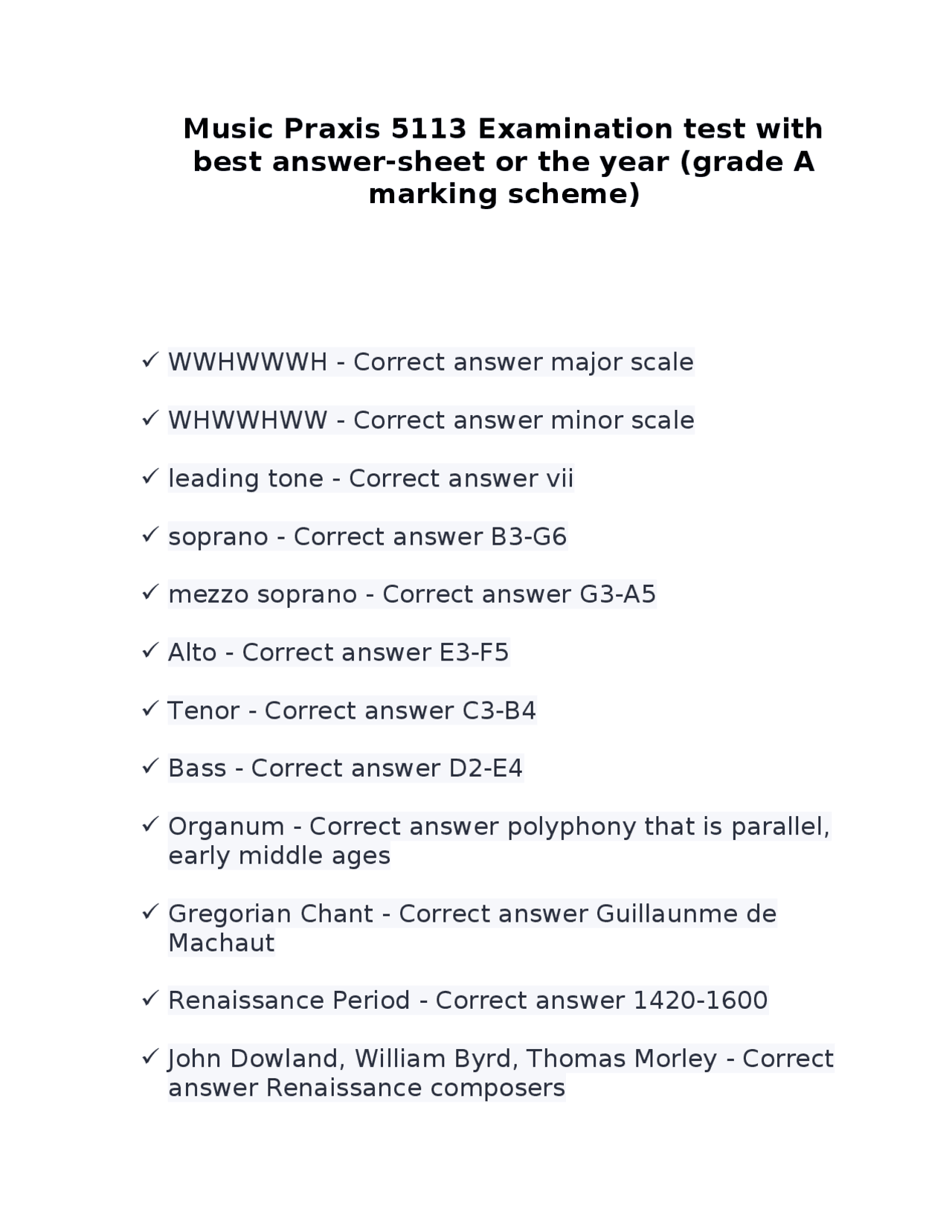 Music Praxis 5113 Examination test with best answer-sheet or the year ...
