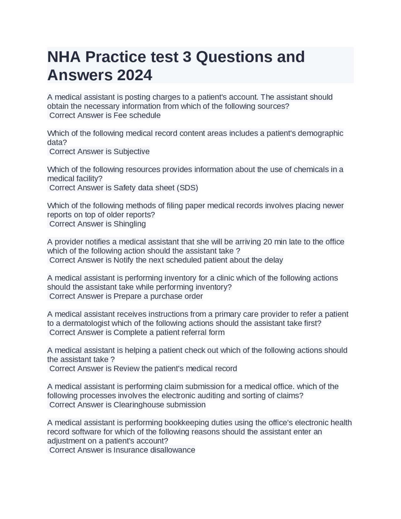 NHA Practice test 3 Questions and Answers 2024 | Exams Medicine | Docsity