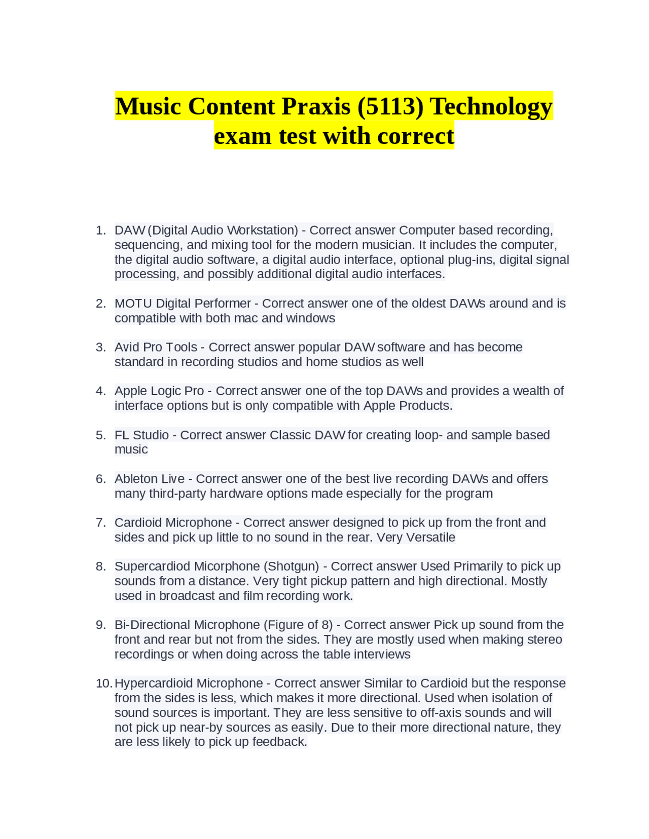 Music Content Praxis (5113) Technology exam test with correct | Exams ...
