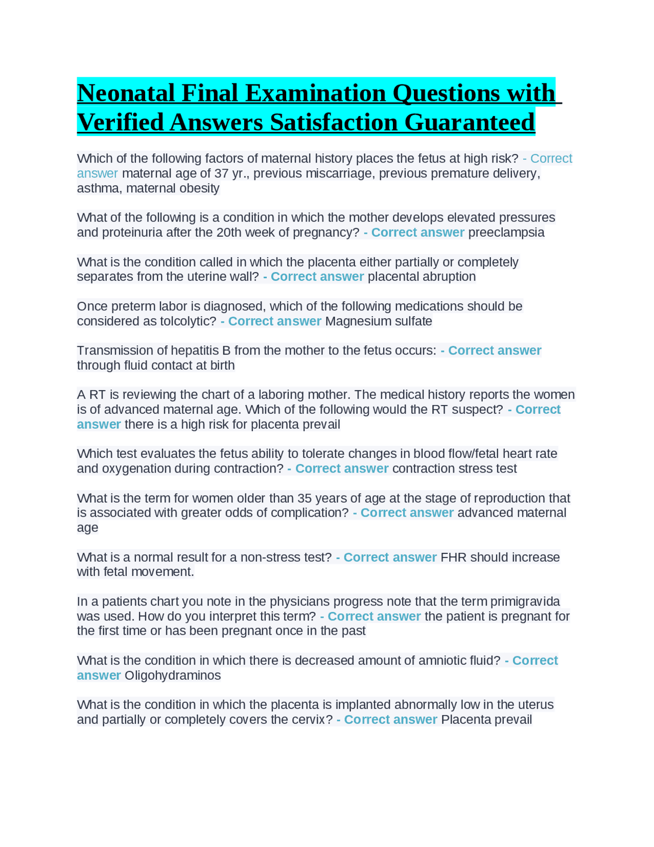 Neonatal Final Examination Questions with Verified Answers Satisfaction ...