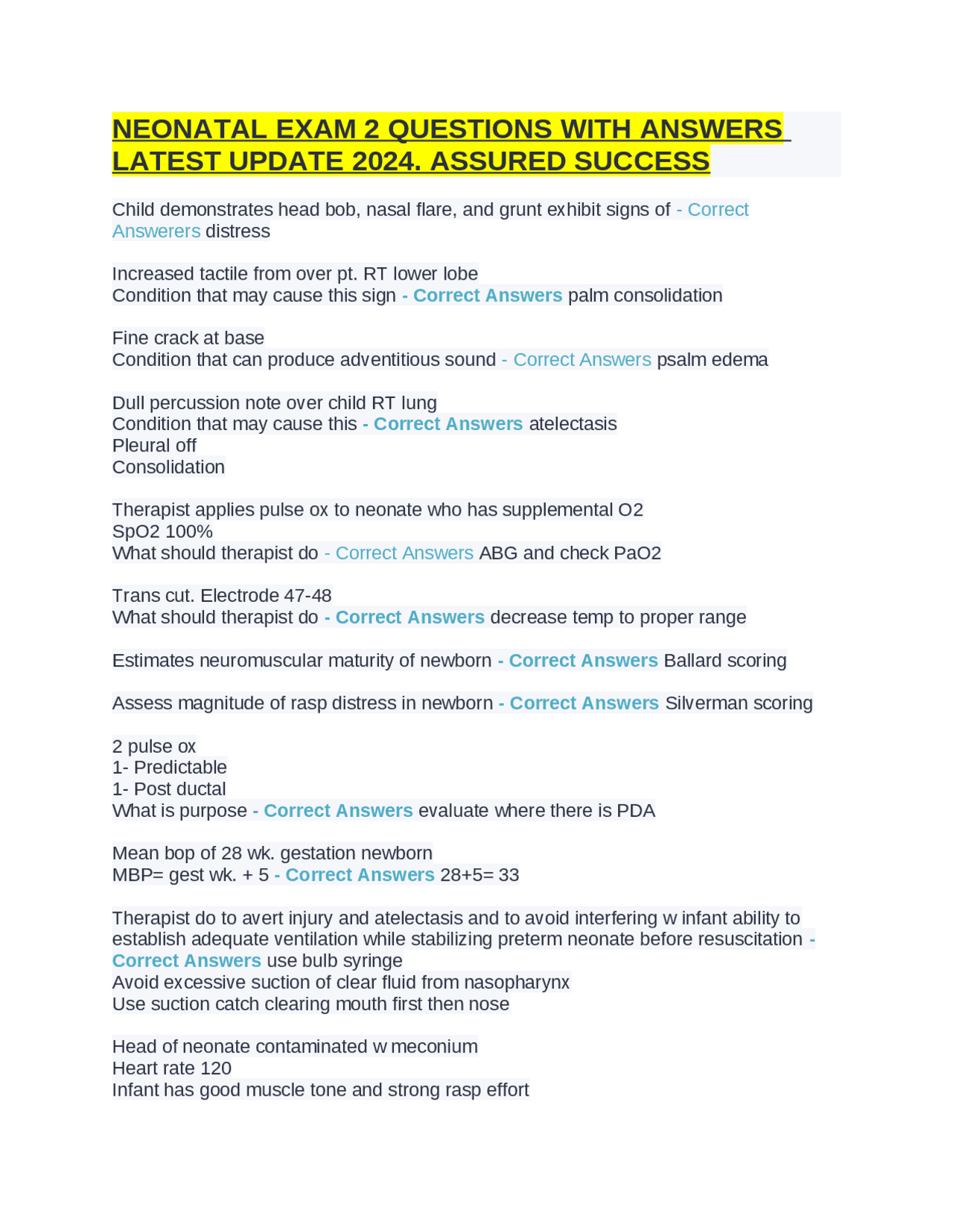 NEONATAL EXAM 2 QUESTIONS WITH ANSWERS LATEST UPDATE 2024. ASSURED ...