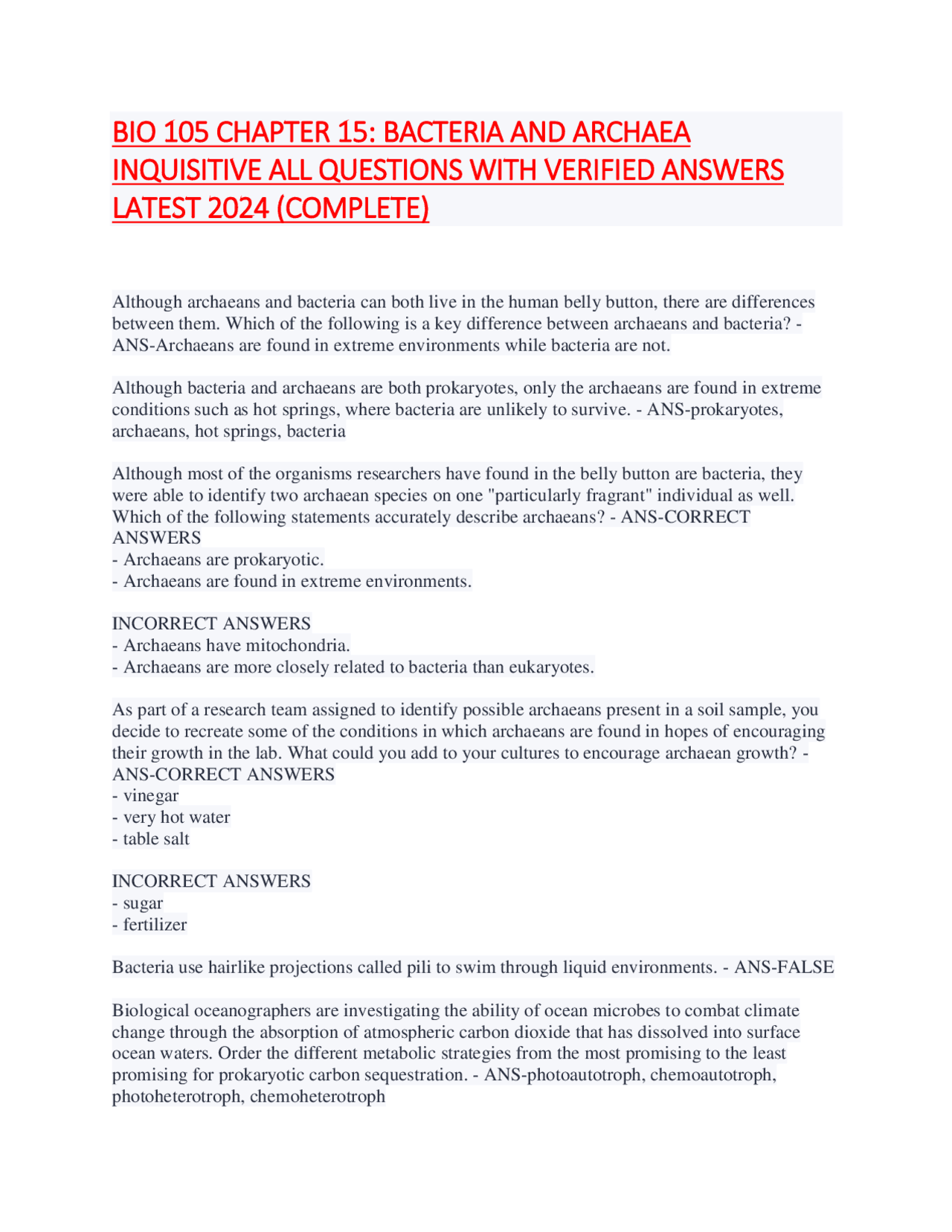 BIO 105 CHAPTER 15: BACTERIA AND ARCHAEA INQUISITIVE ALL QUESTIONS WITH ...