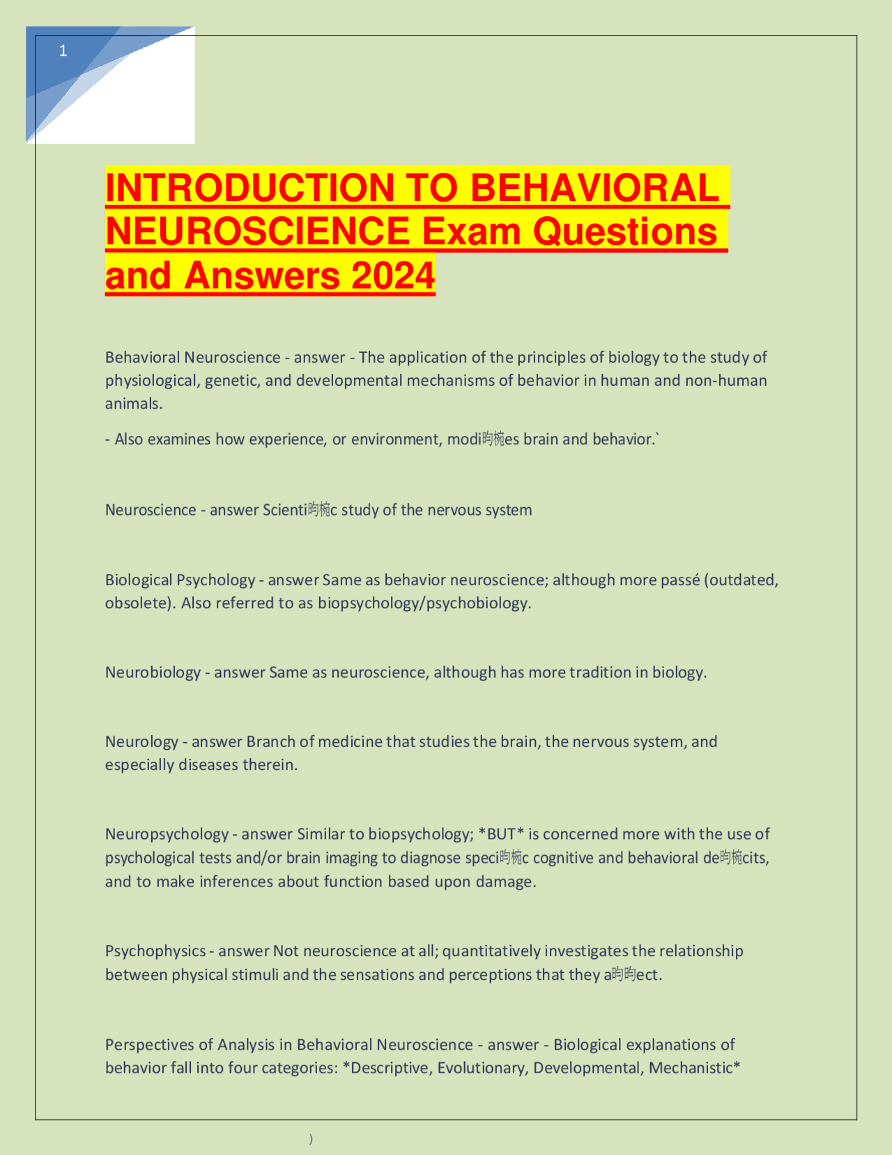 INTRODUCTION TO BEHAVIORAL NEUROSCIENCE Exam Questions and Answers 2024 ...