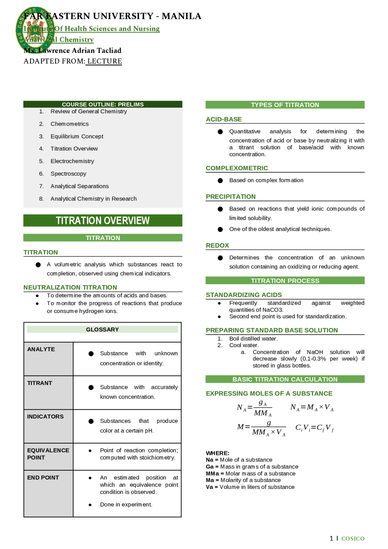 Analytical Chemistry Overview of Titration | Lecture notes Analytical ...