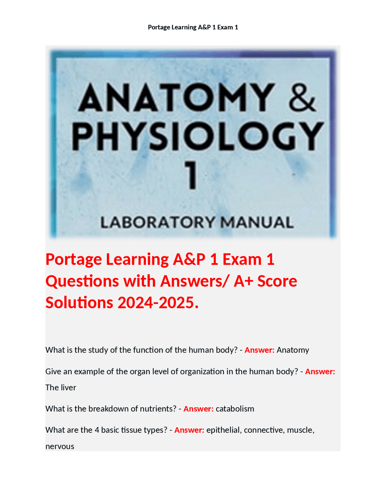 Portage Learning A&P 1 Exam 1 Questions with Answers/ A+ Score Solutions 2024-2025. | Exams ...