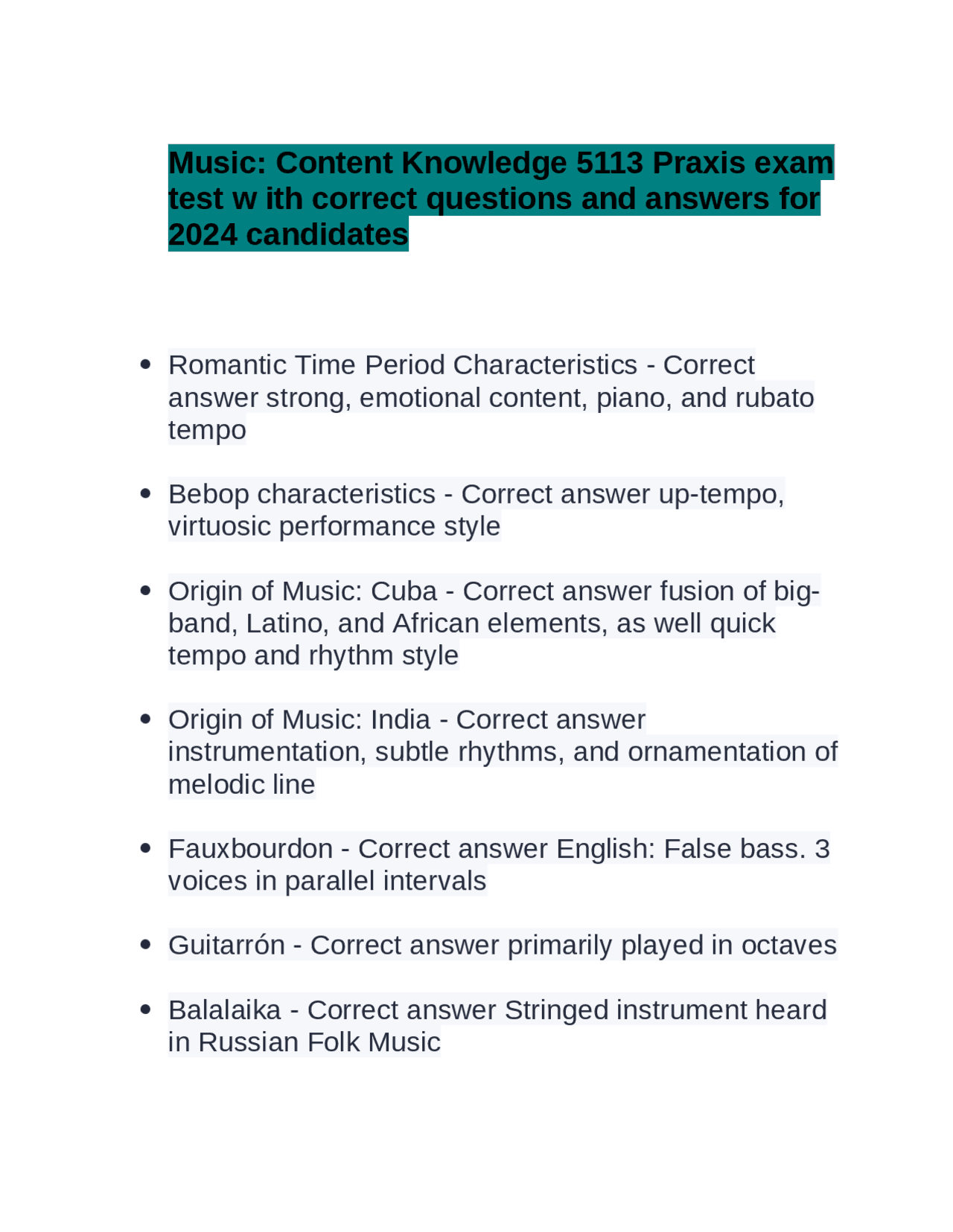 Music: Content Knowledge 5113 Praxis exam test w ith correct questions ...