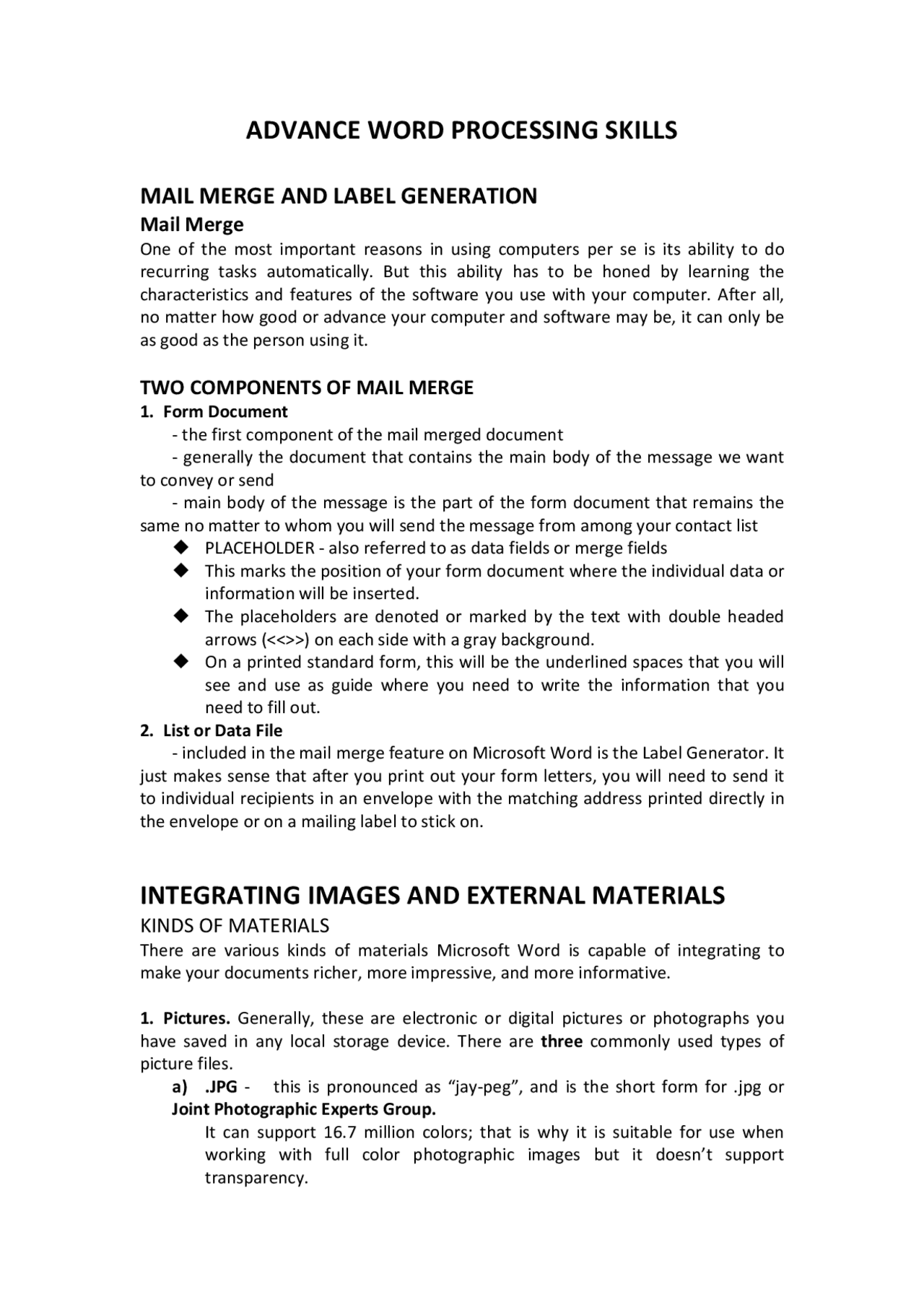 About advance Word Processing skills | Summaries Technology | Docsity