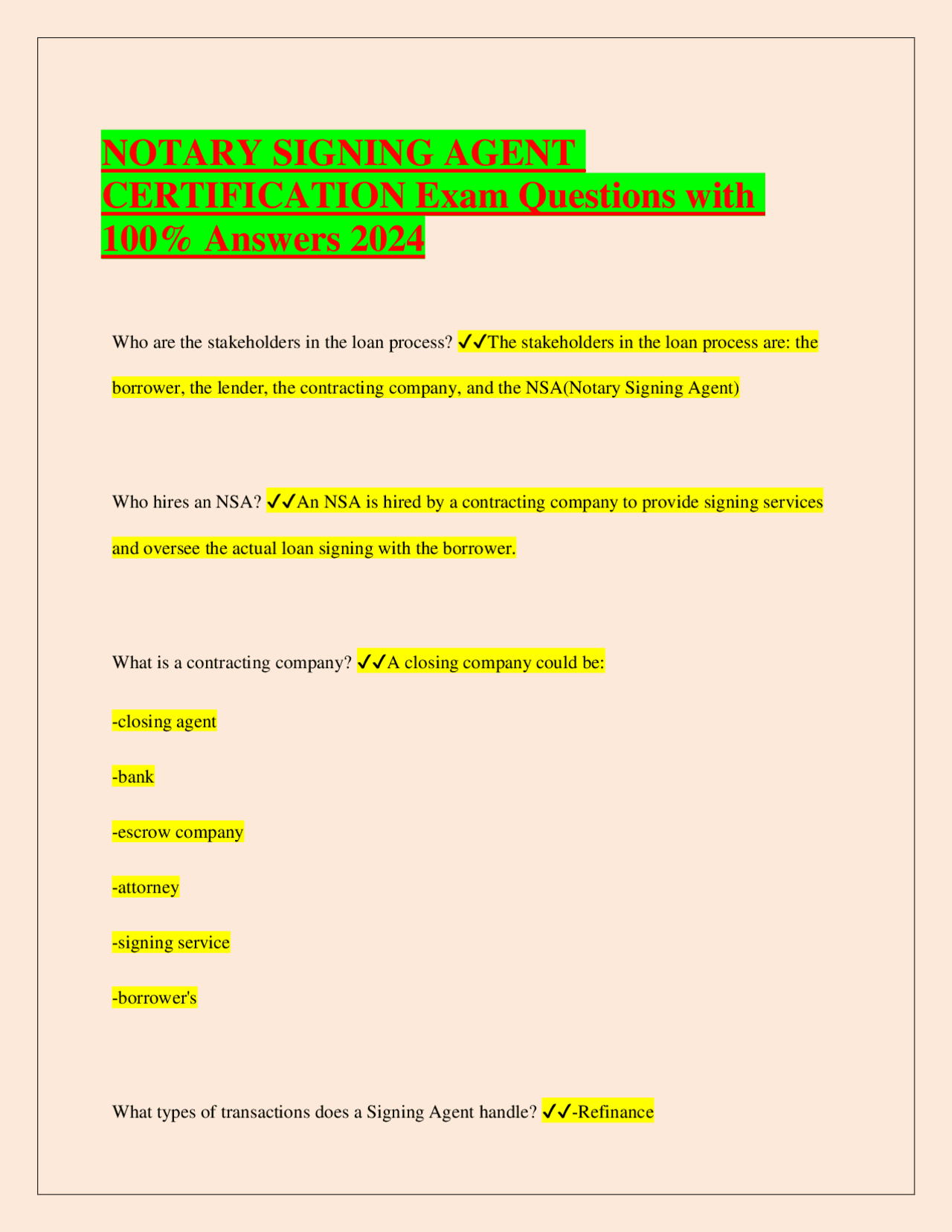NOTARY SIGNING AGENT CERTIFICATION Exam Questions with 100% Answers ...