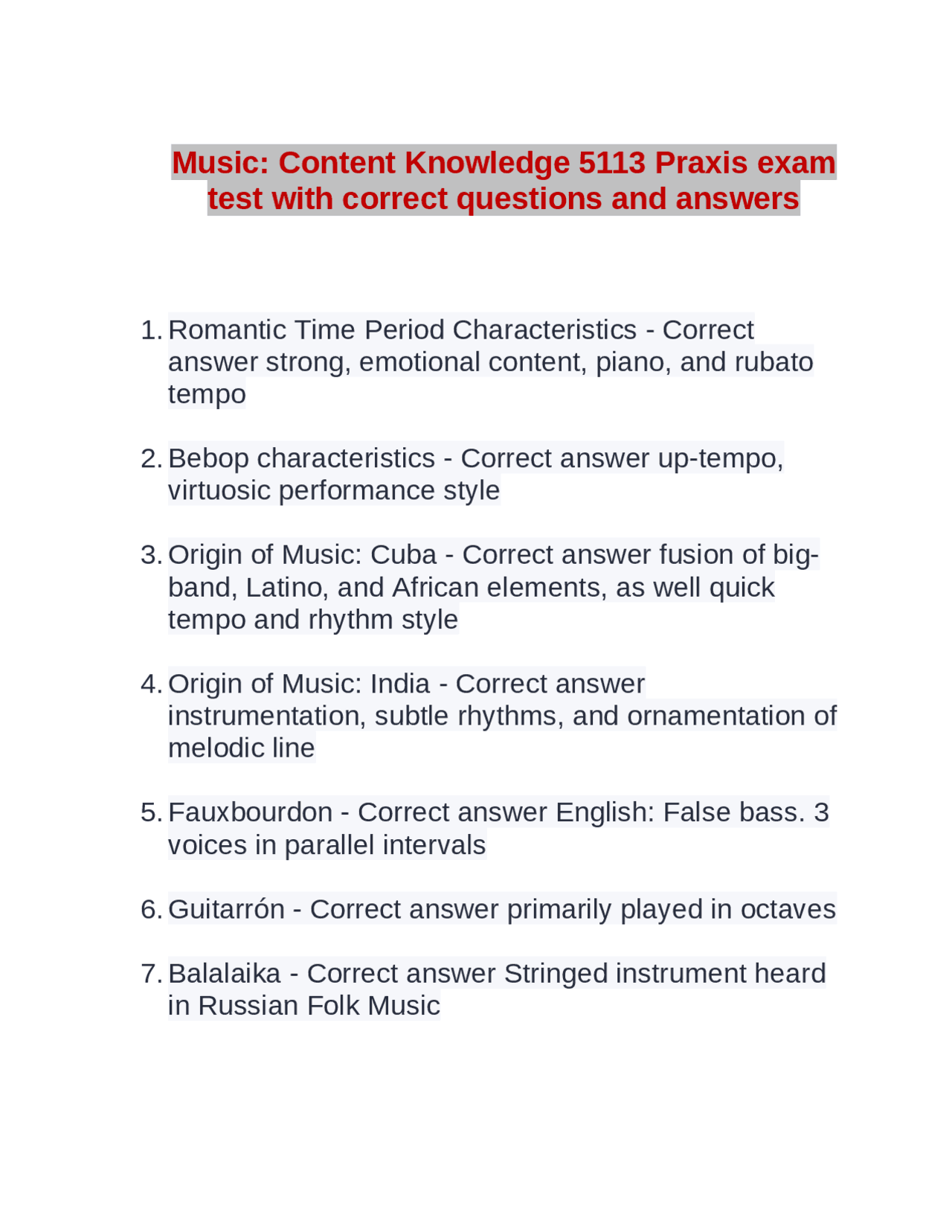 Music: Content Knowledge 5113 Praxis exam test with correct questions ...