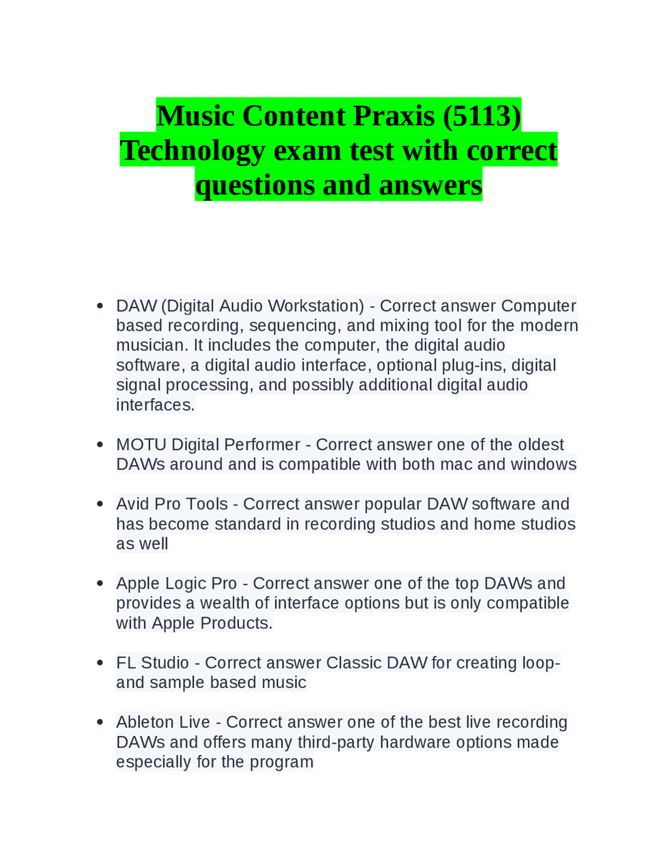 Music Content Praxis (5113) Technology exam test with correct questions ...