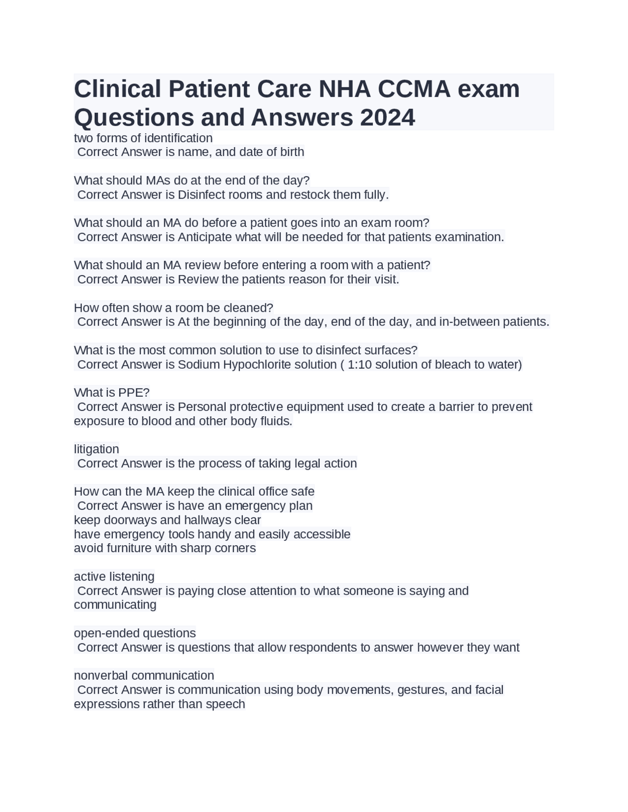 Clinical Patient Care NHA CCMA exam Questions and Answers 2024 | Exams ...