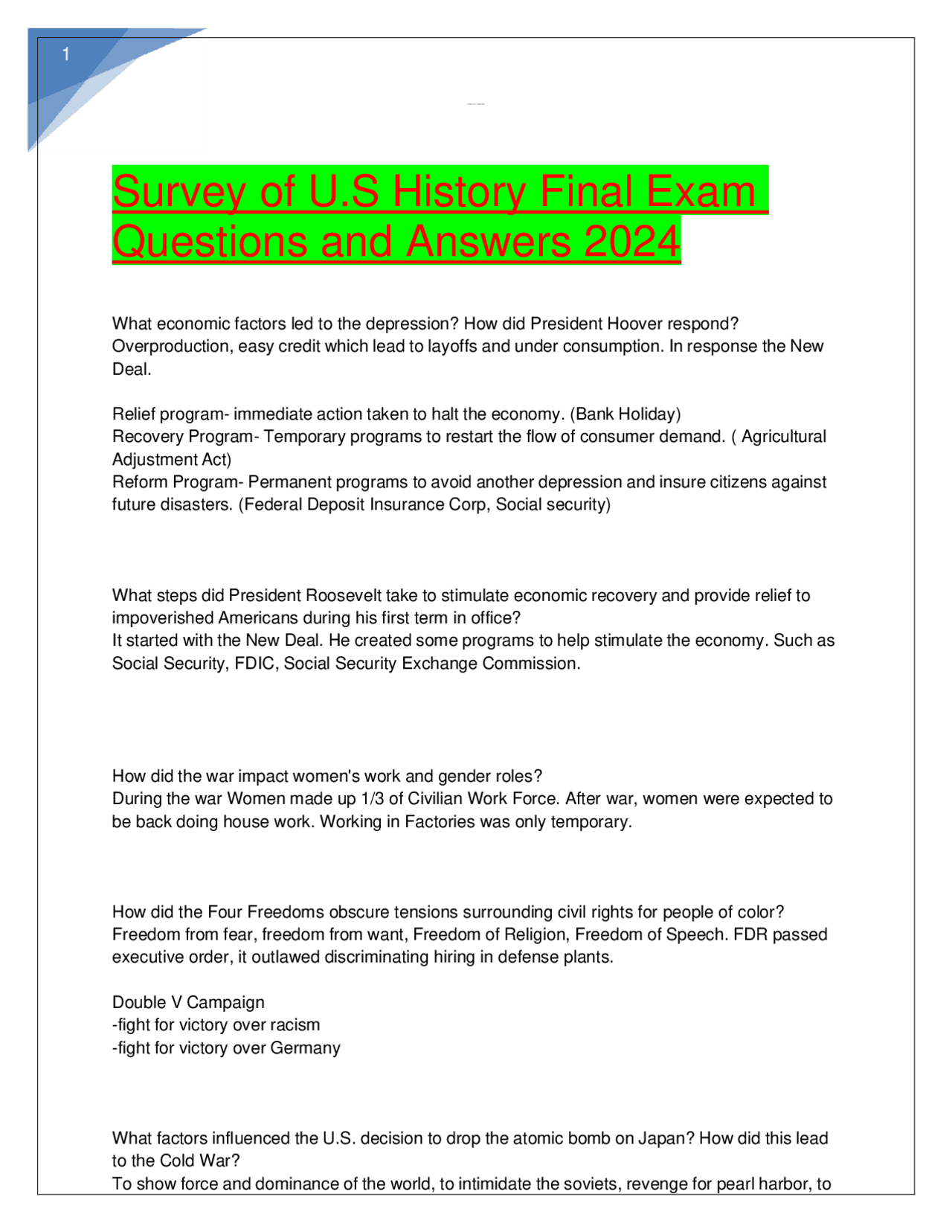 2024 U.S. History Exam: Economy, Presidents, Women's Roles, Civil ...