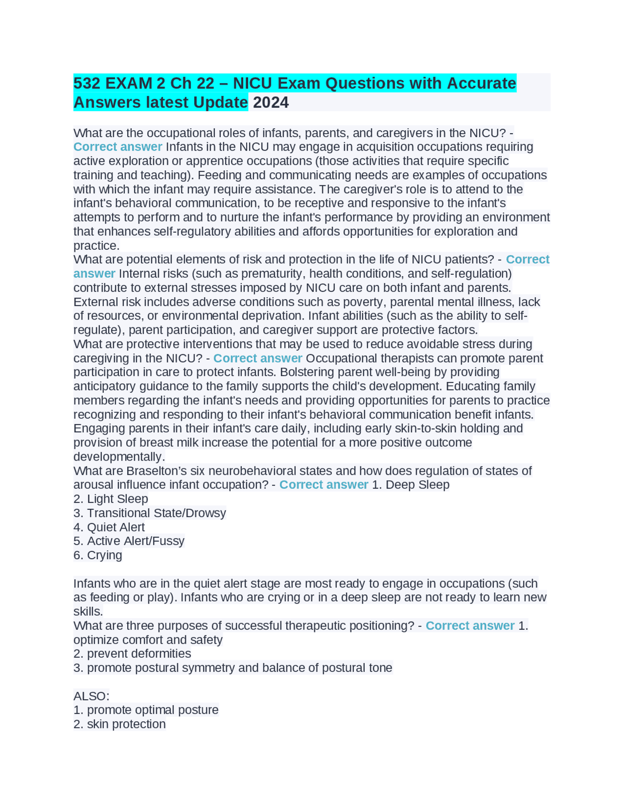 532 EXAM 2 Ch 22 – NICU Exam Questions with Accurate Answers latest ...