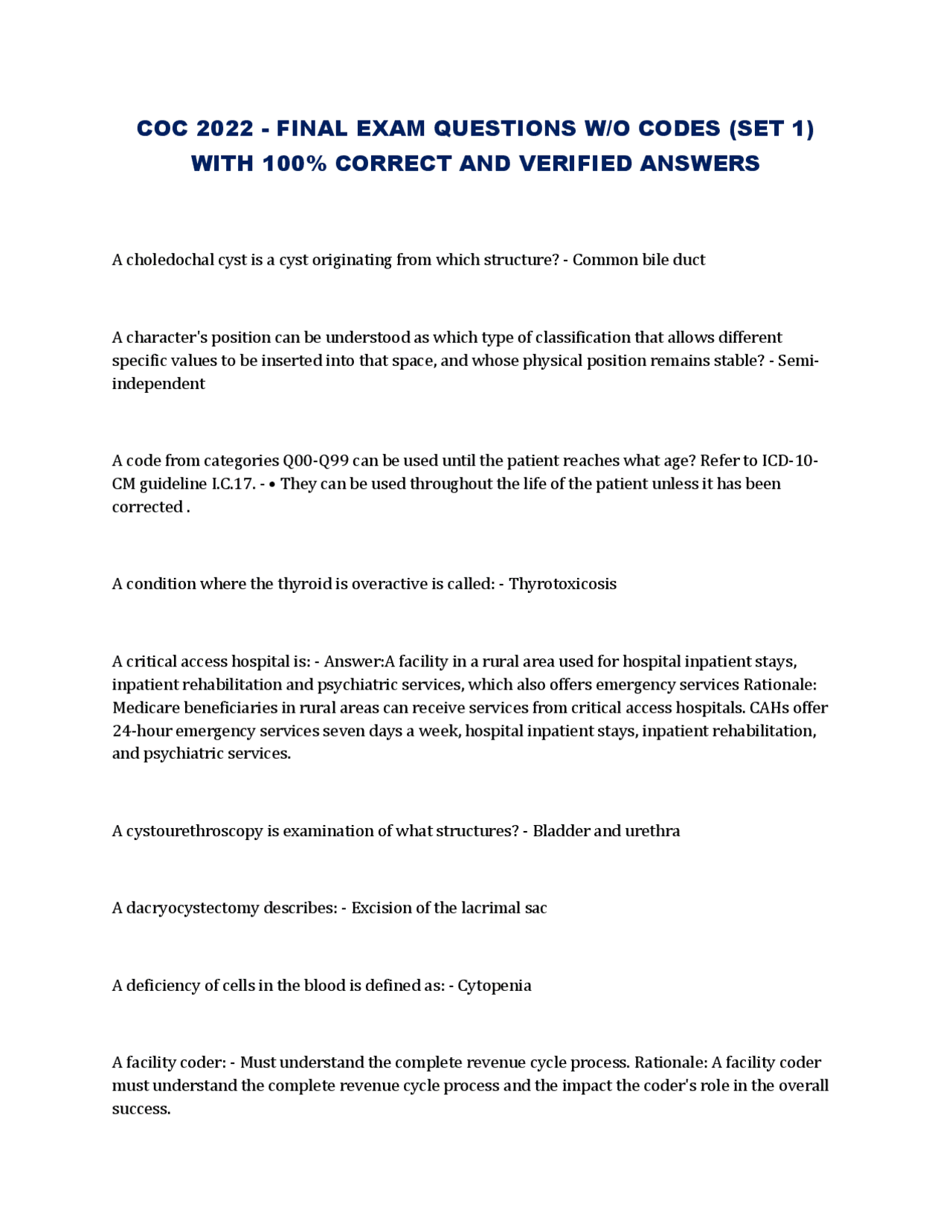 COB Final Exam Questions and Answers 100% Solved | Exams Health sciences | Docsity