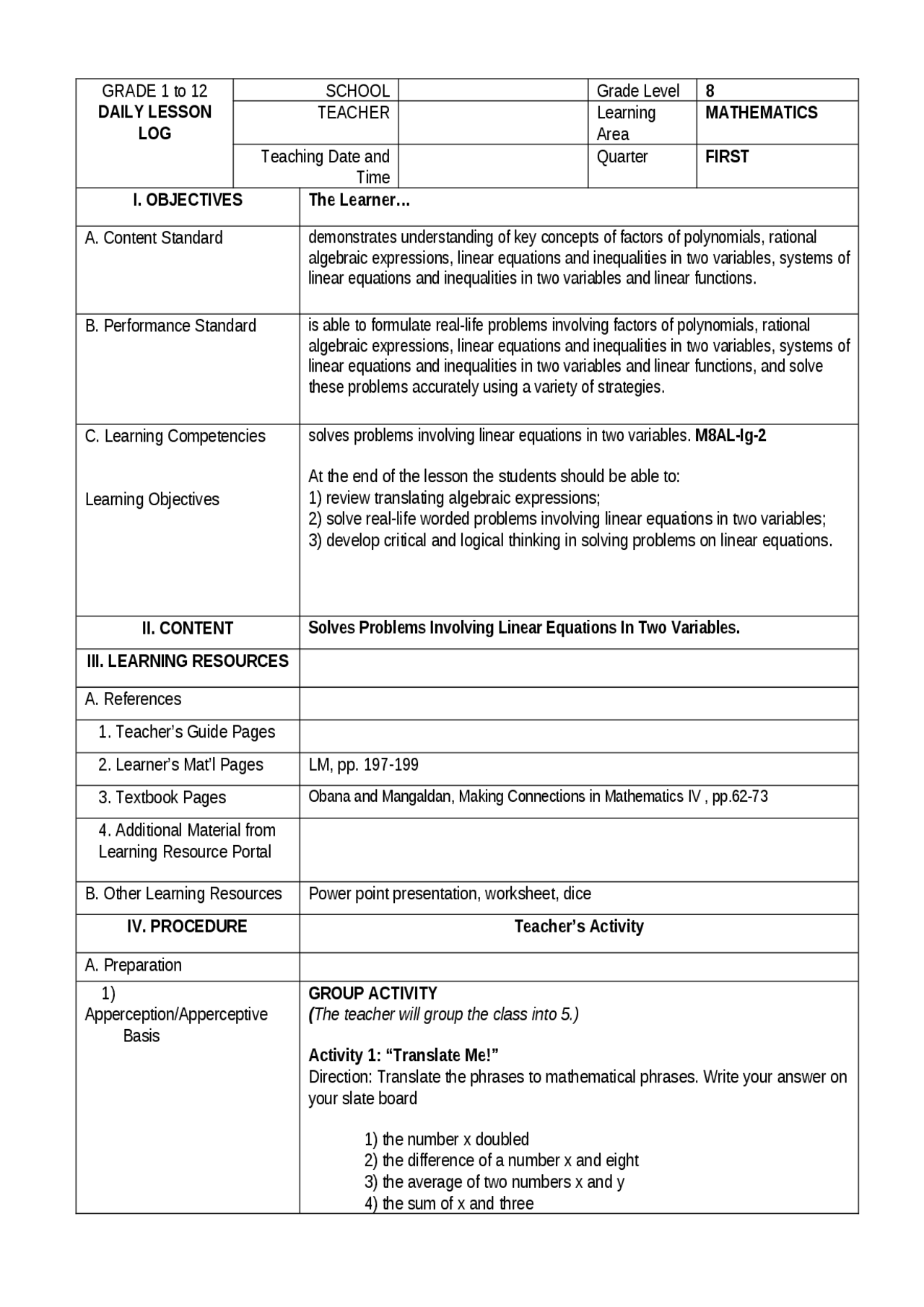 Detailed lesson plan in Solving Problems Involving Linear Equations in two variables | Lecture ...
