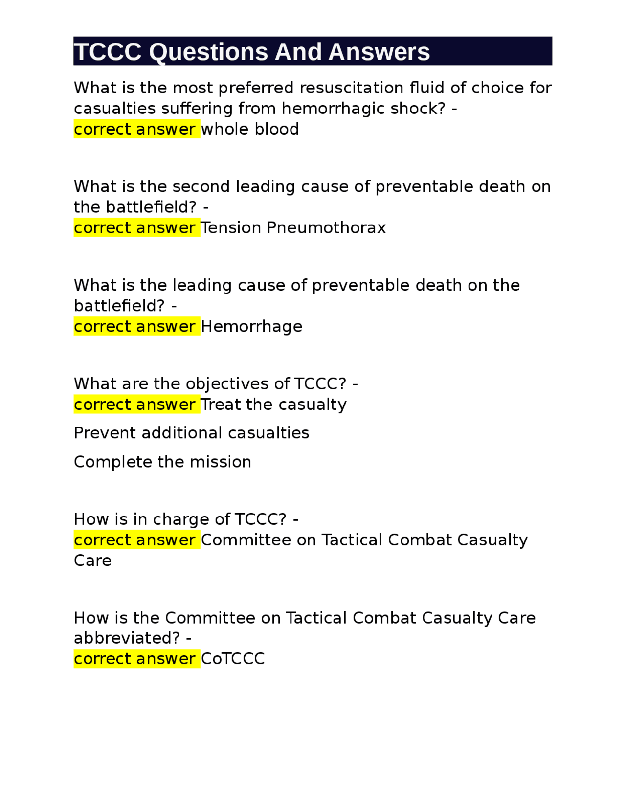 TCCC Questions and Answers: Committee on Tactical Combat Casualty Care ...