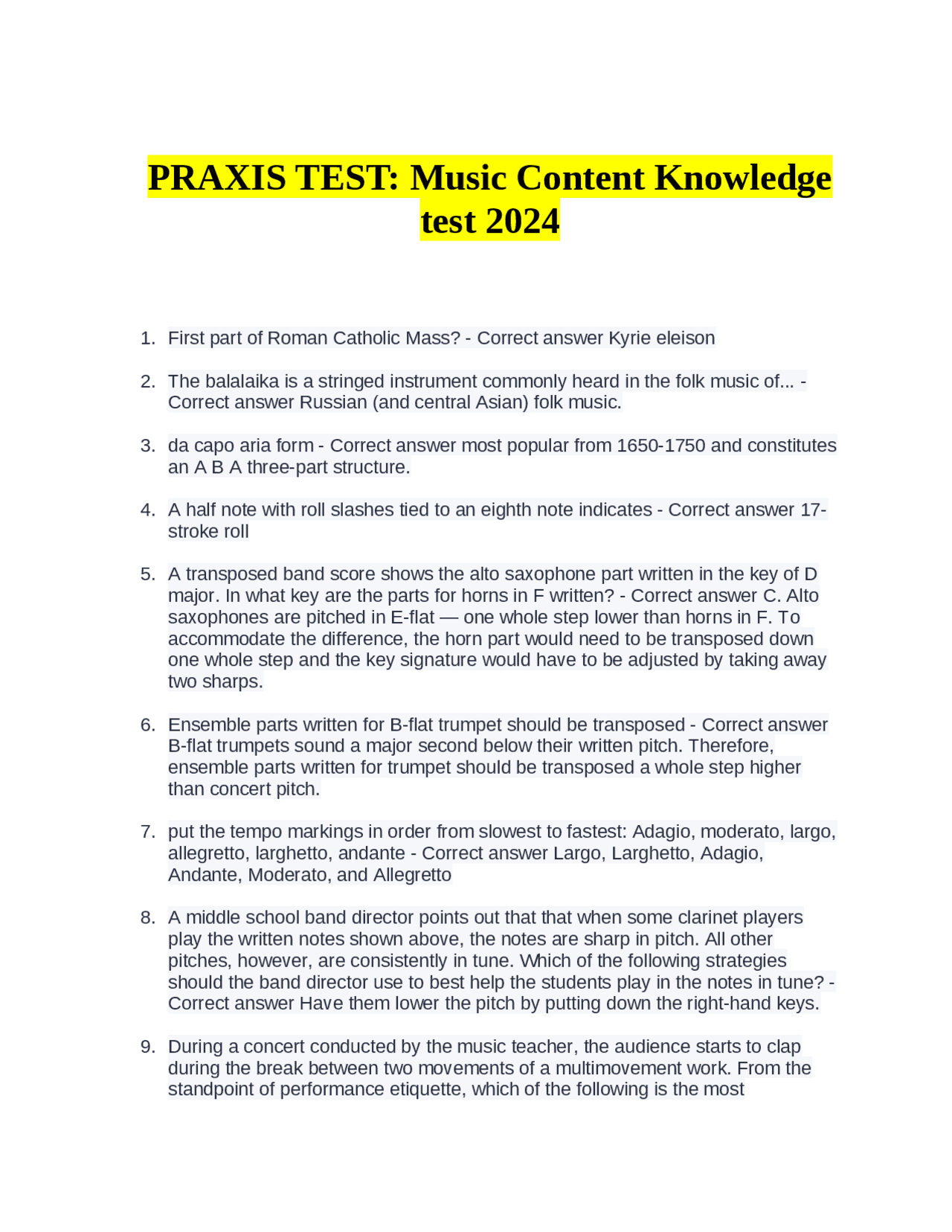 PRAXIS TEST: Music Content Knowledge test 2024 | Exams Music | Docsity