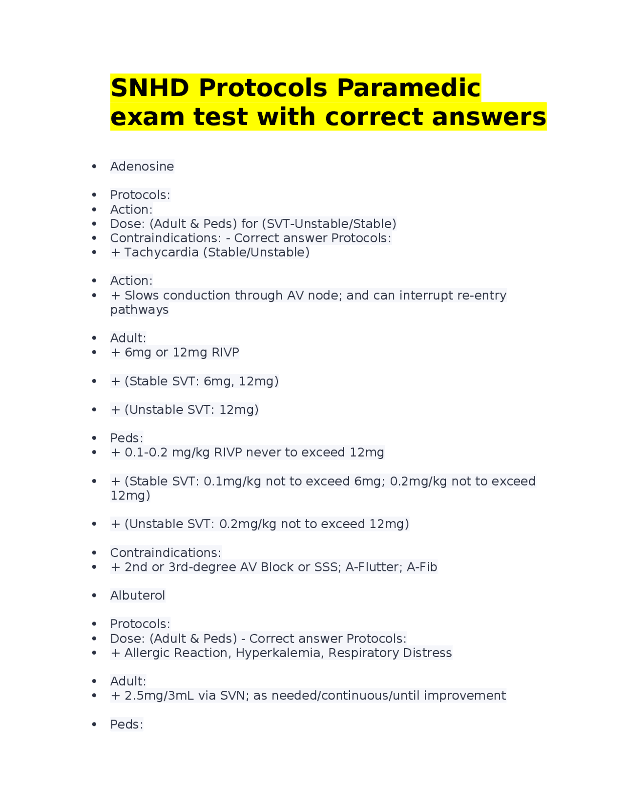 SNHD Protocols Paramedic exam test with correct answers | Exams ...