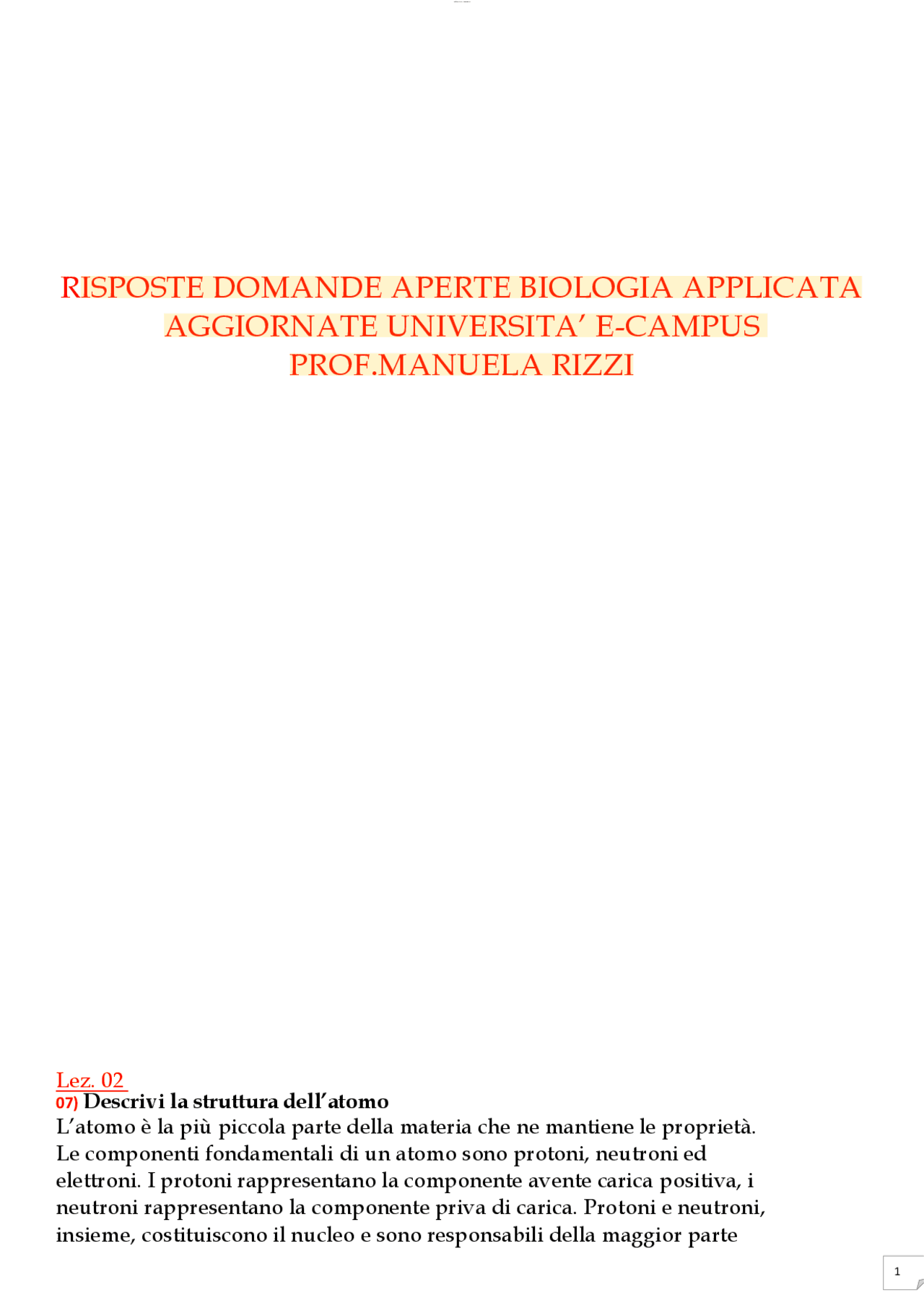 Risposte domande aperte biologia applicata aggiornate 2023 uniecampus prof.Rizzi | Panieri di ...