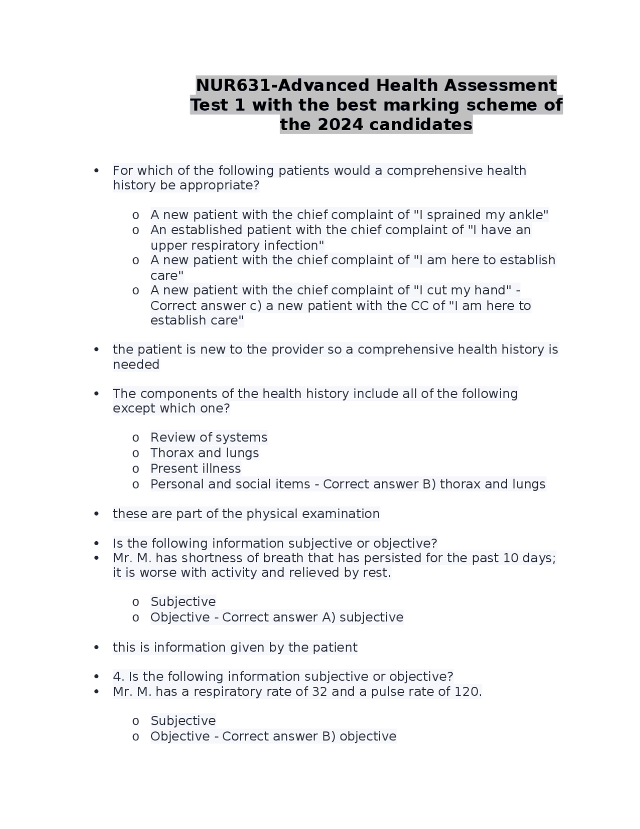 NUR631-Advanced Health Assessment: Test 1 with Best Marking Scheme for ...