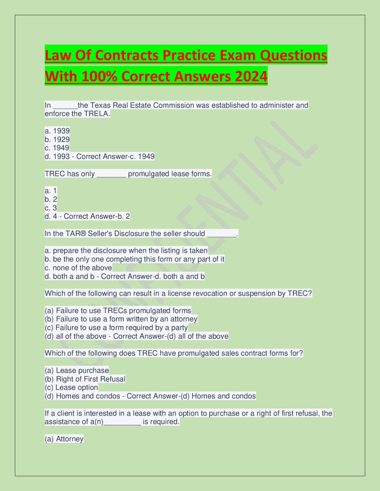 Law Of Contracts Practice Exam Questions With 100% Correct Answers 2024 ...