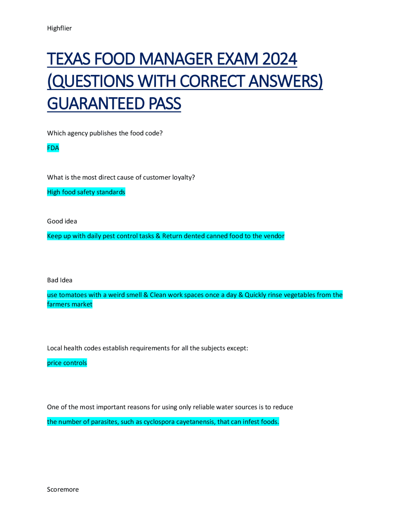 TEXAS FOOD MANAGER EXAM 2024 (QUESTIONS WITH CORRECT ANSWERS ...