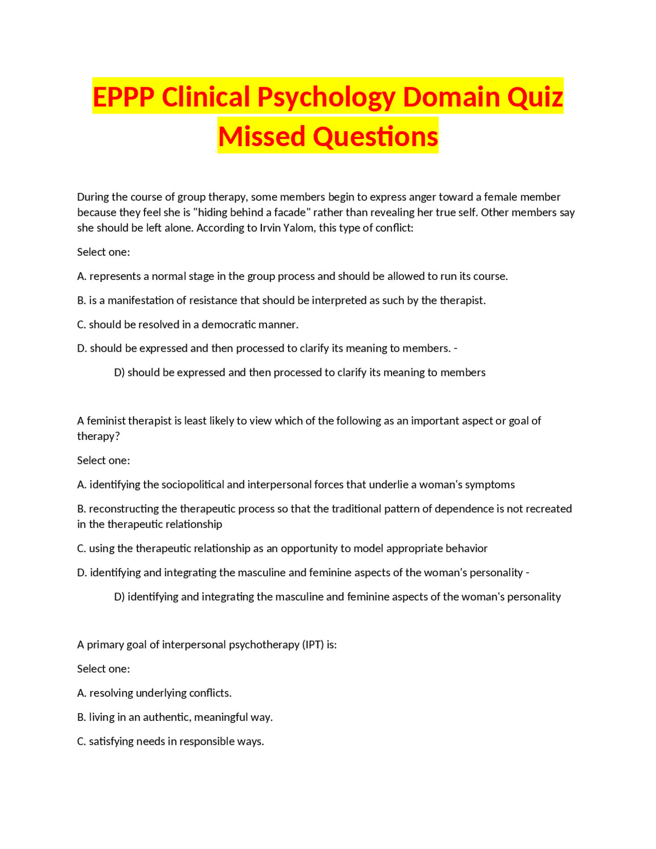 EPPP Clinical Psychology Quiz: Irvin Yalom and Feminist Therapy ...