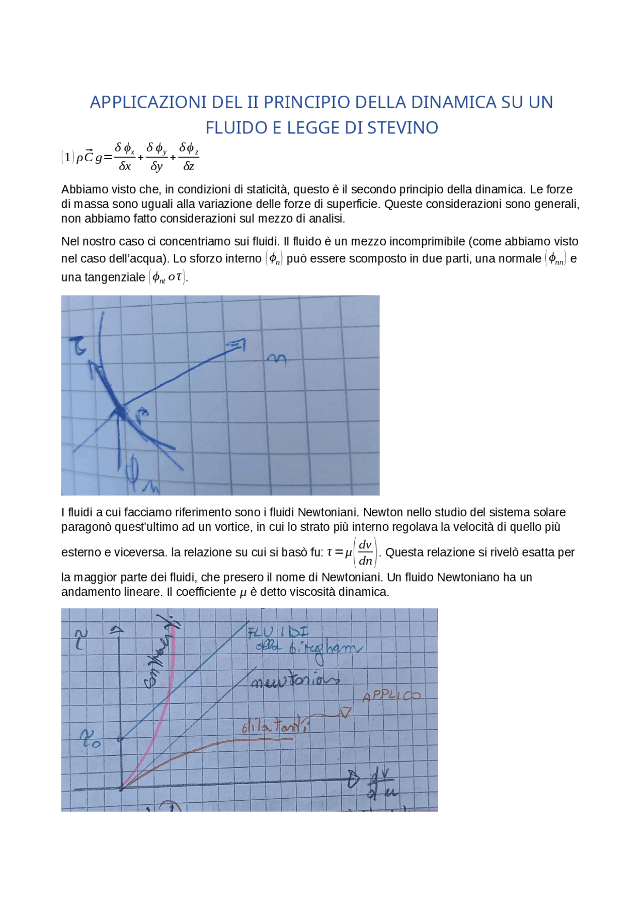 Principio della dinamica su un fluido e legge di Stevino | Appunti di Idraulica | Docsity