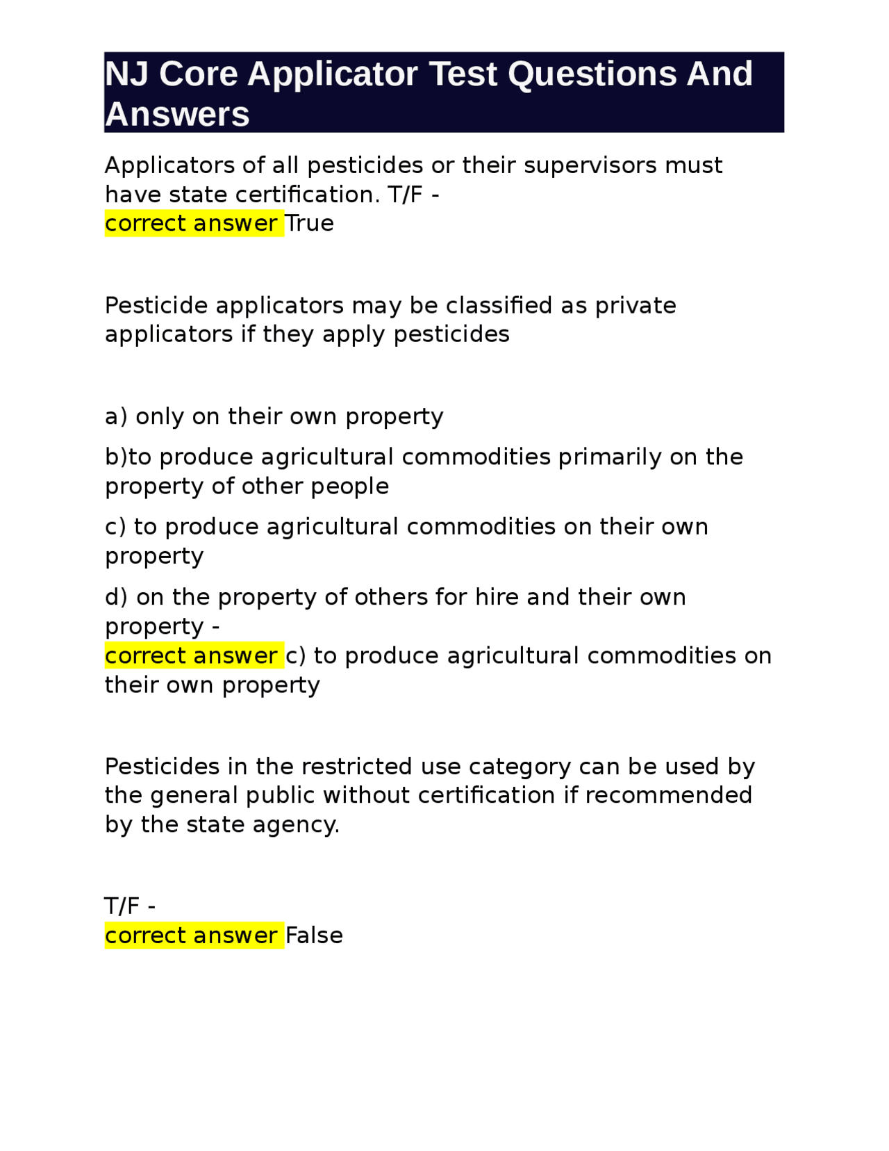 NJ Core Applicator Test Questions And Answers | Exams Pest Management ...