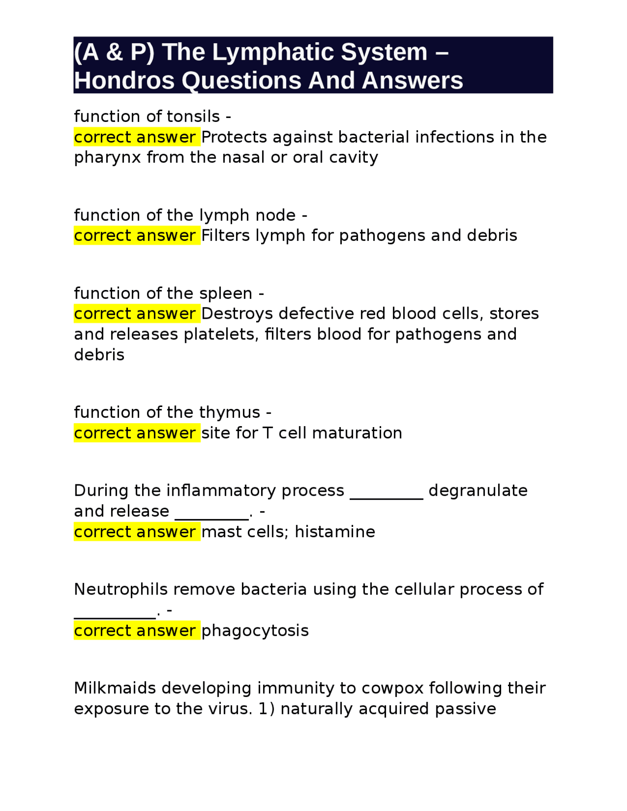 (A & P) The Lymphatic System – Hondros Questions And Answers | Exams ...
