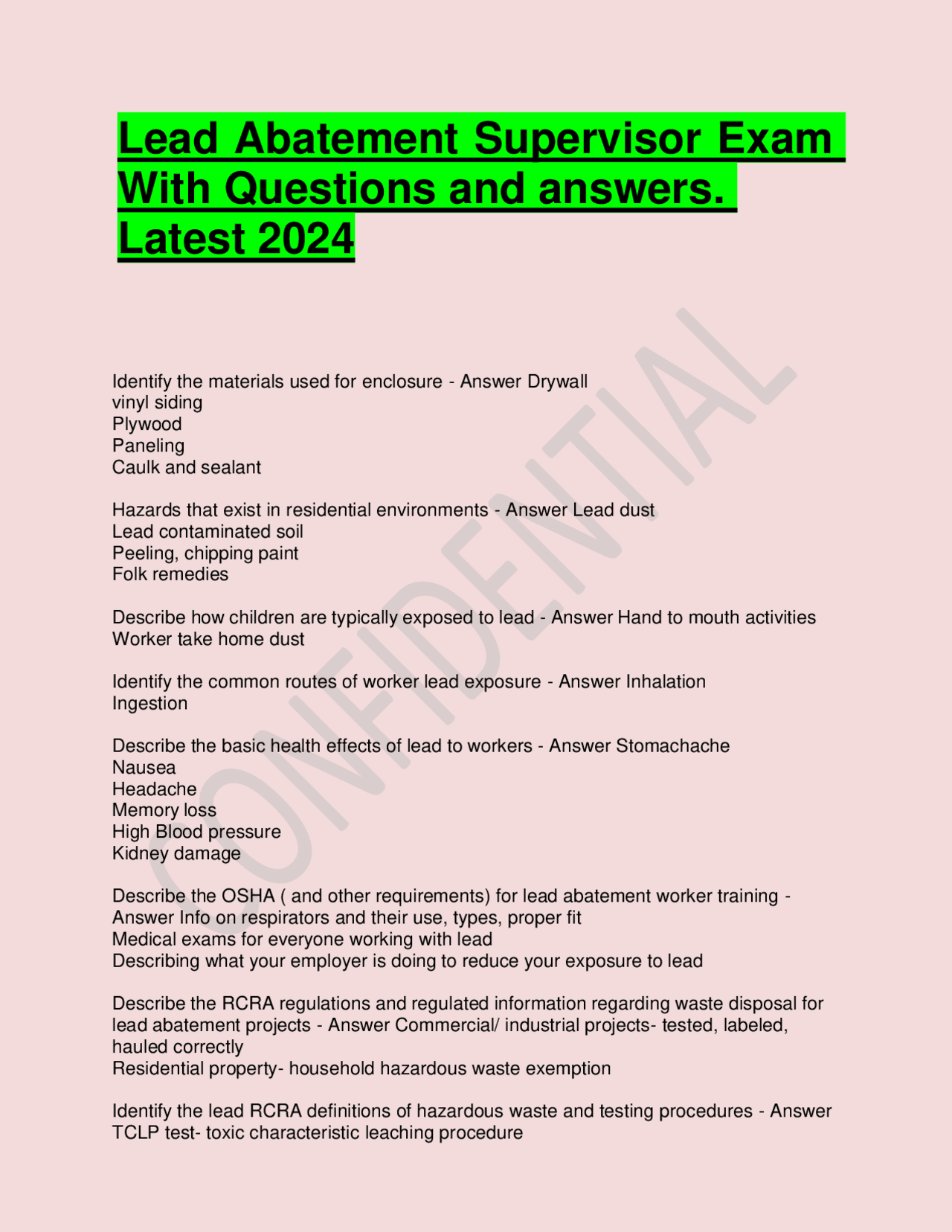 Lead Abatement Supervisor Exam With Questions and answers. Latest 2024 ...
