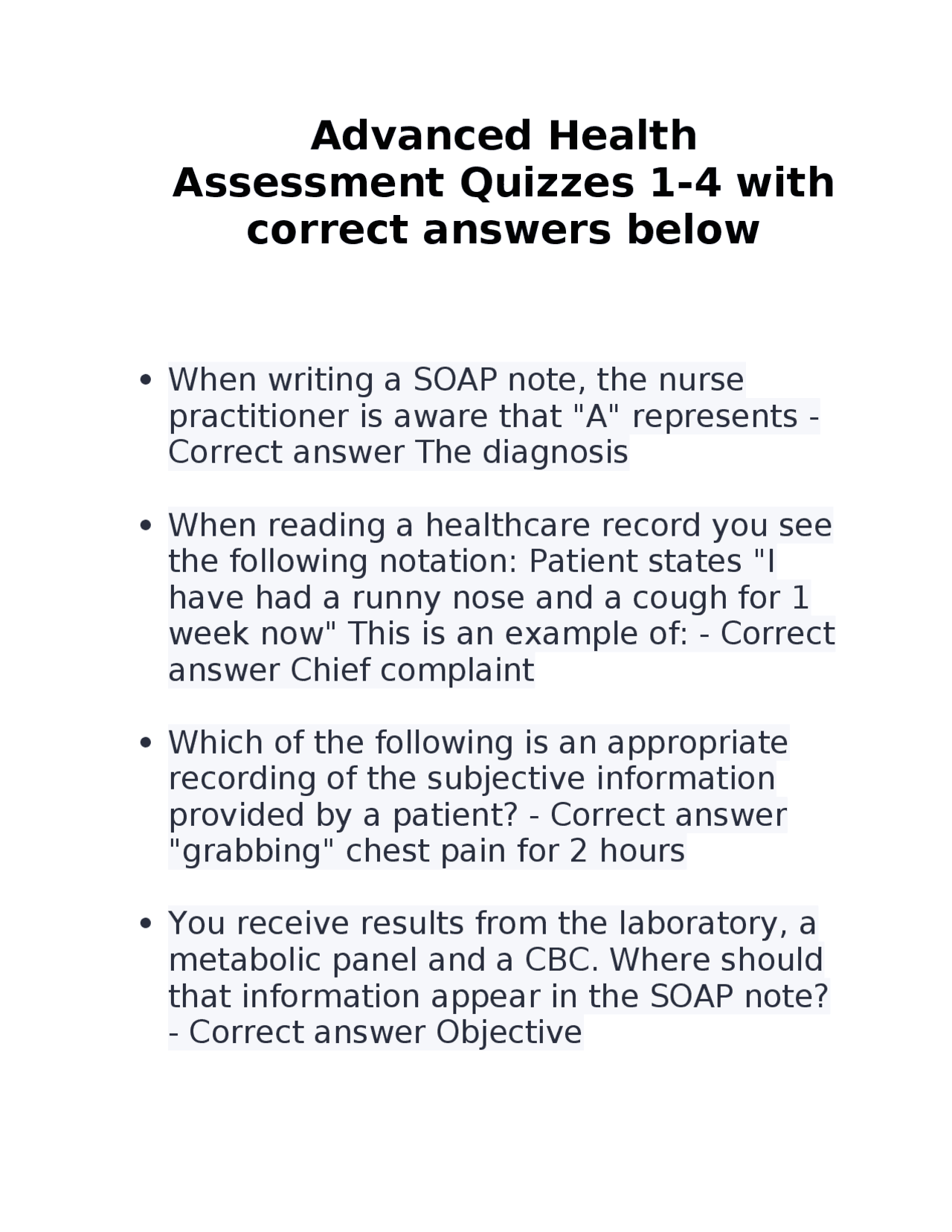 Advanced Health Assessment Quizzes 1-4 with correct answers below ...