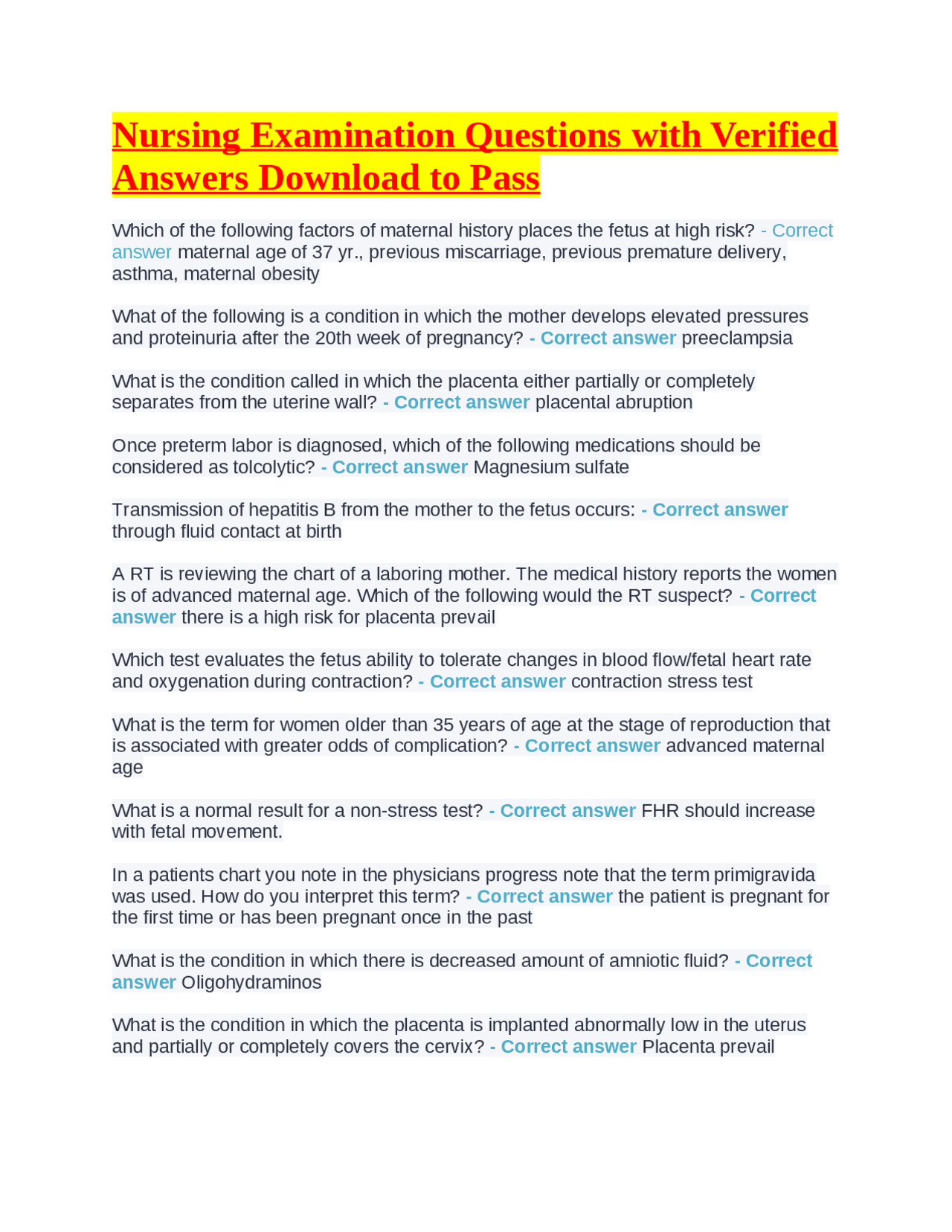 Nursing Examination Questions with Verified Answers Download to Pass ...