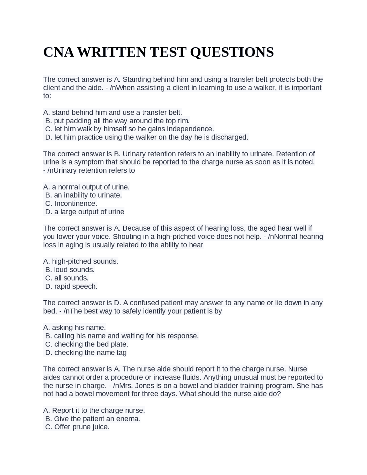 CNA WRITTEN TEST QUESTIONS | Exams Nursing | Docsity