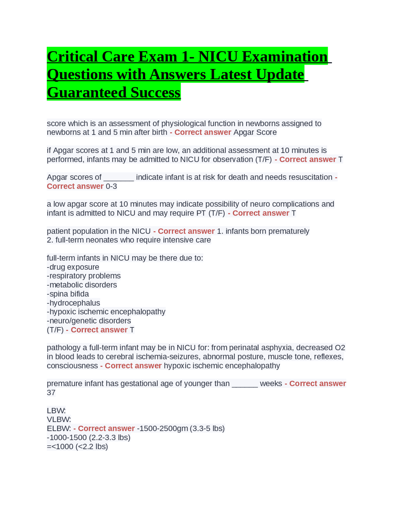 Critical Care Exam 1- NICU Examination Questions with Answers Latest ...