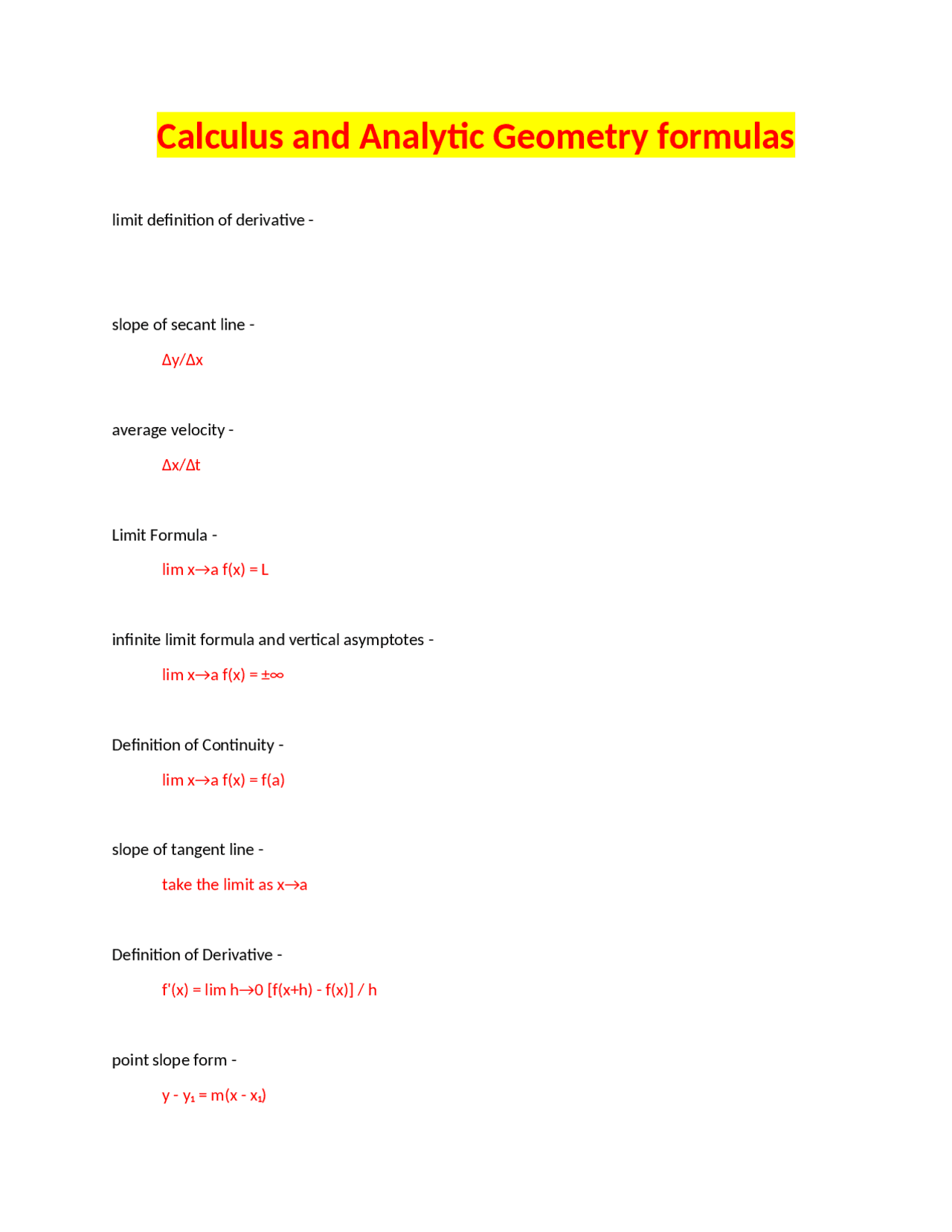 Calculus and Analytic Geometry formulas | Exams Calculus | Docsity