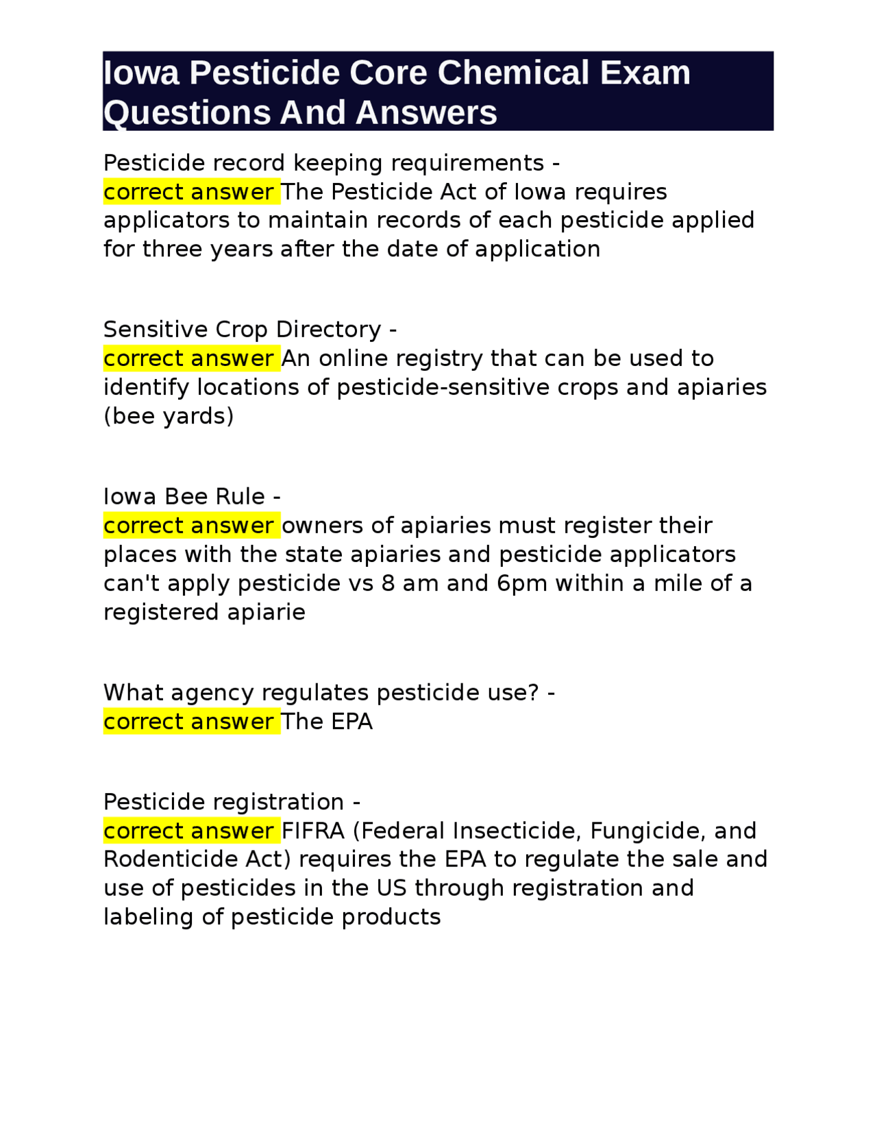Iowa Pesticide Core Chemical Exam Questions And Answers | Exams Pest ...
