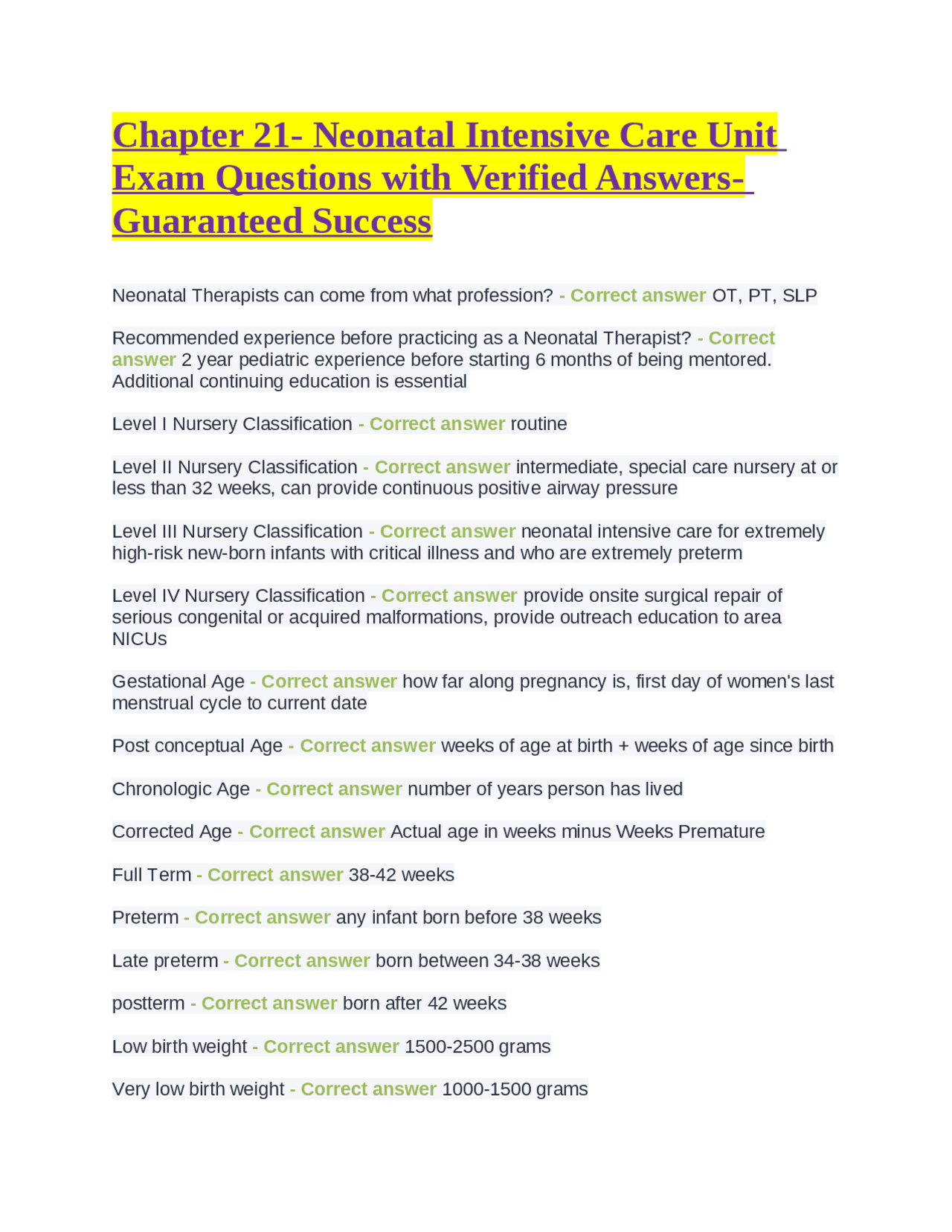 Chapter 21- Neonatal Intensive Care Unit Exam Questions with Verified ...