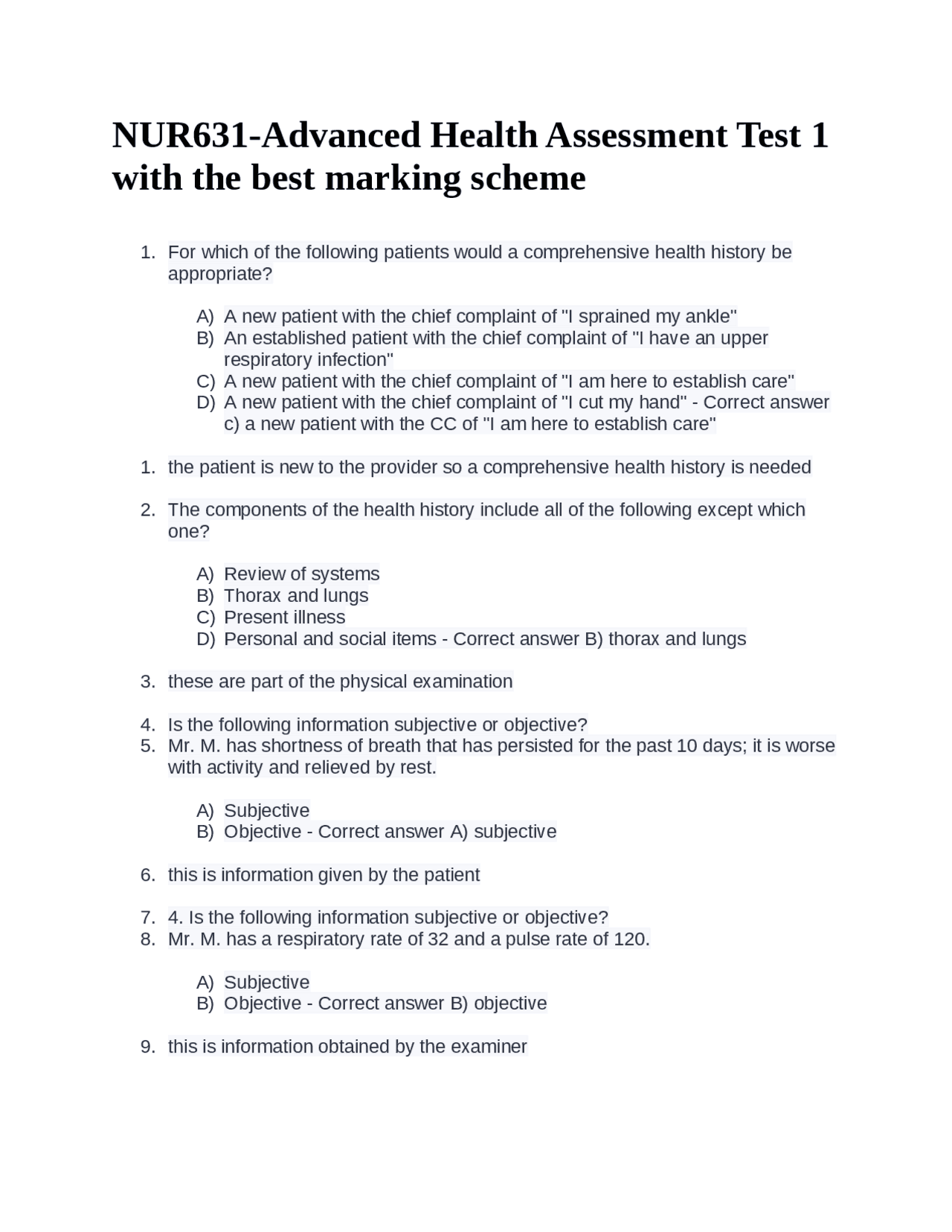 NUR631-Advanced Health Assessment Test 1 with the best marking scheme ...