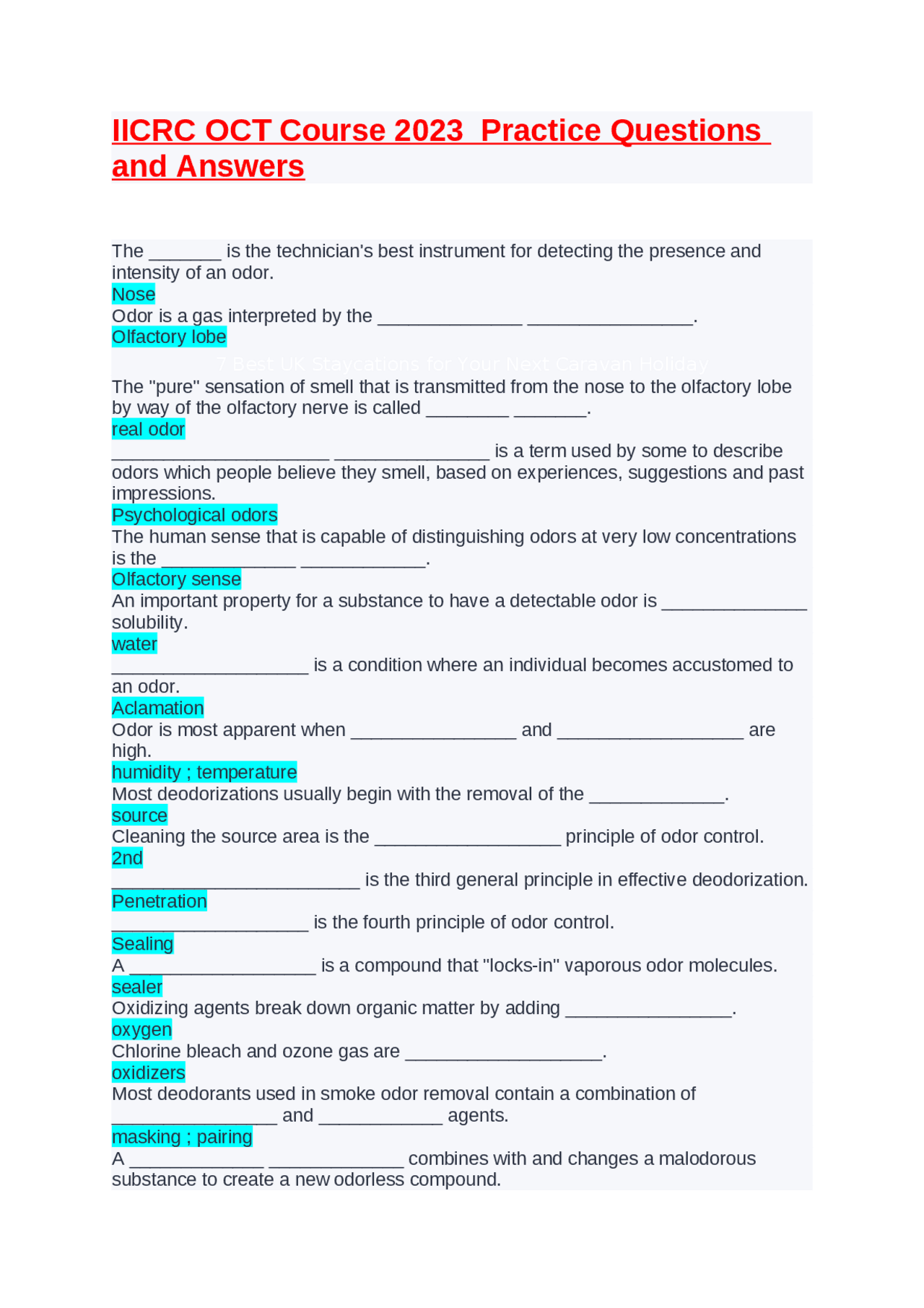 IICRC OCT Course 2023 Practice Questions and Answers | Exams Nursing | Docsity