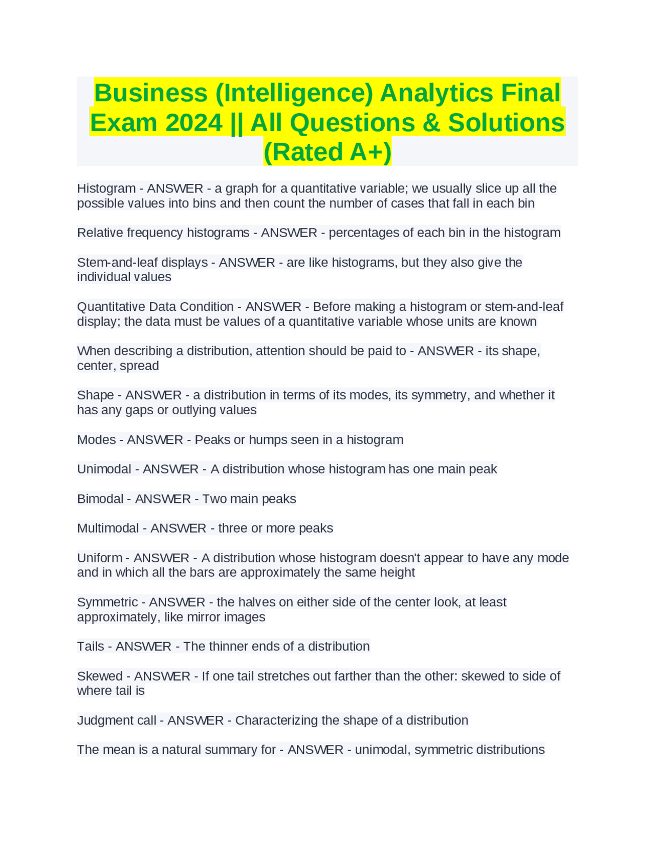 Business (Intelligence) Analytics Final Exam 2024 || All Questions ...